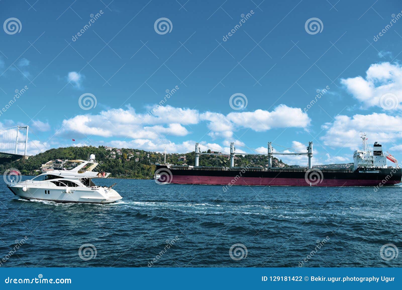 Turkey, Istanbul, Bosphorus Channel, Bosphorus Bridge, an Cargo Ship ...