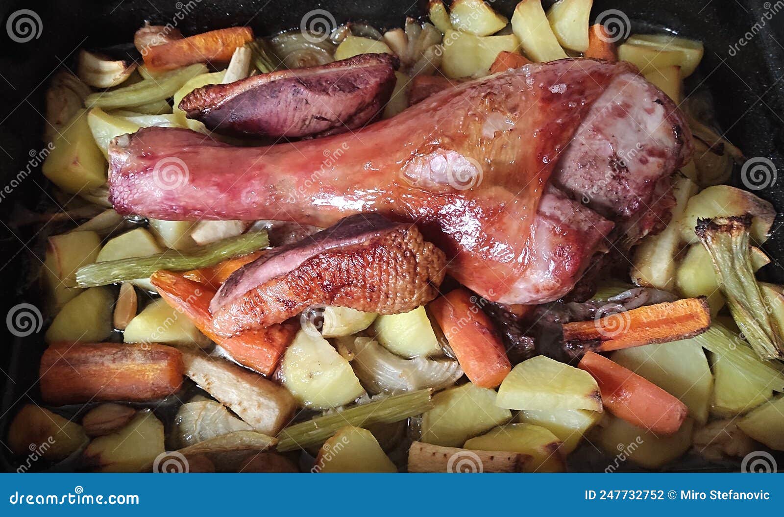 Turkey leg on vegetables stock photo. Image of holy - 247732752