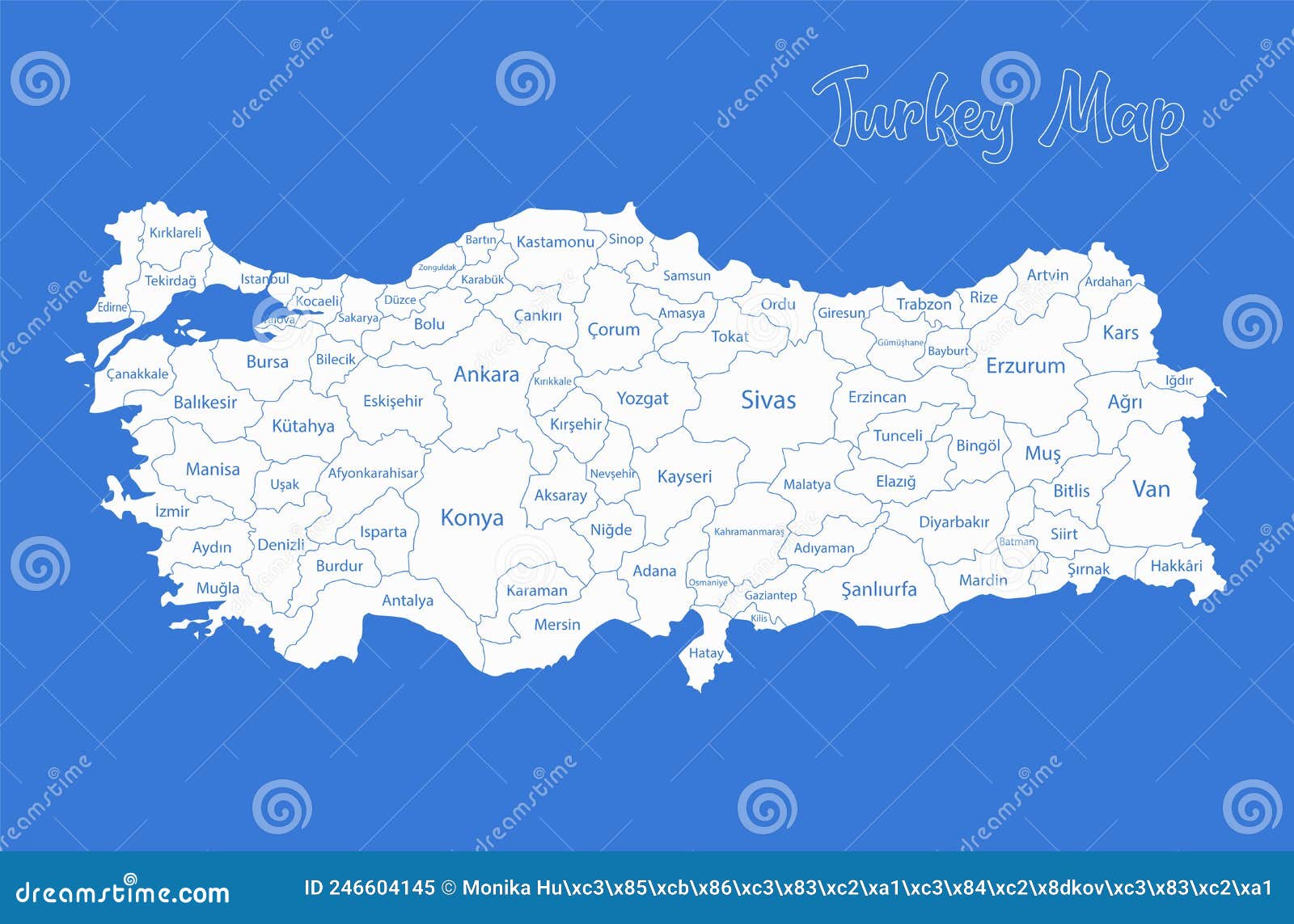 Turkey Map, Administrative Divisions Whit Names Regions, Blue ...