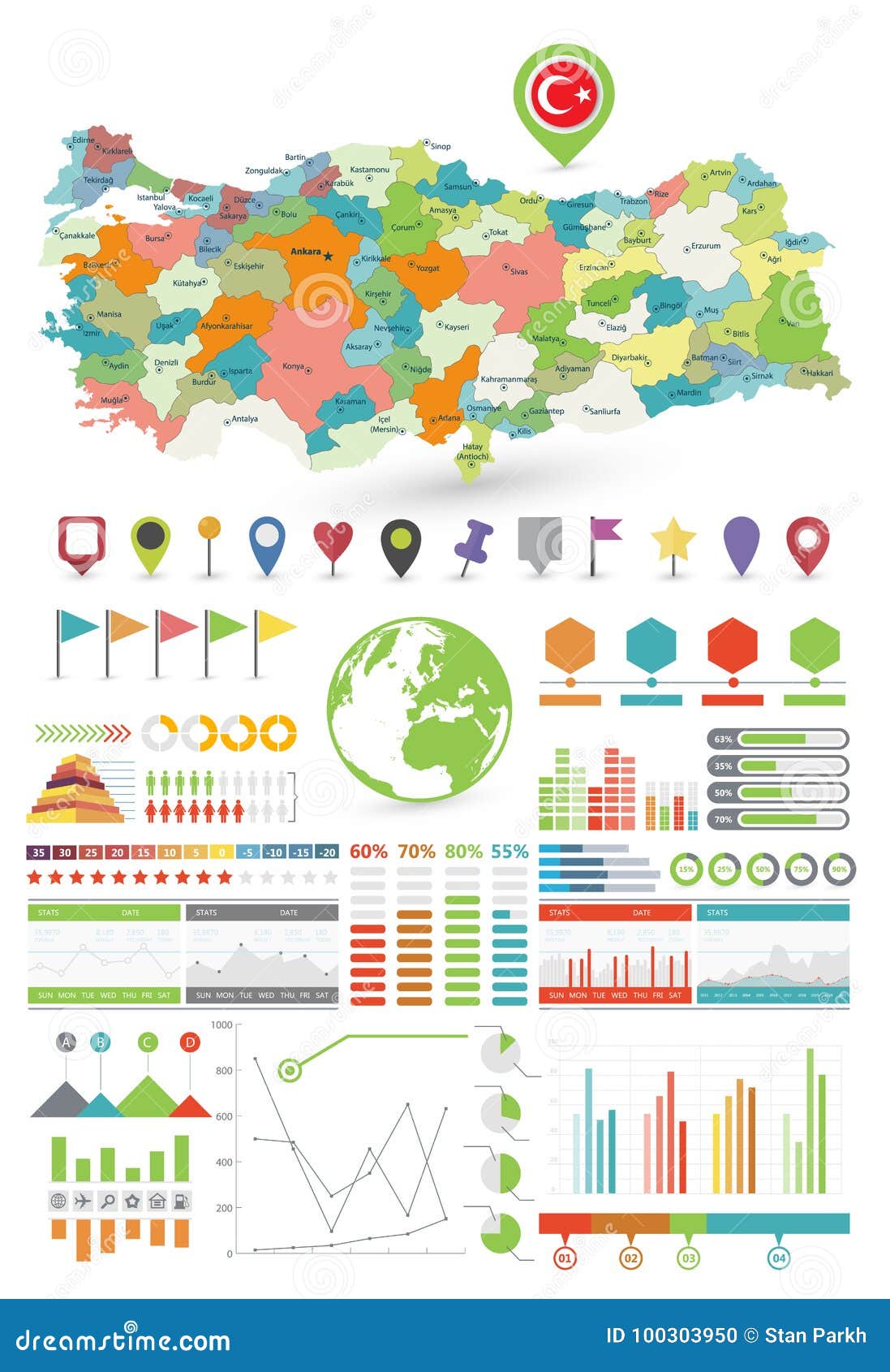 Turkey Map Infographics Vector Template With Regions And Pointer Marks ...