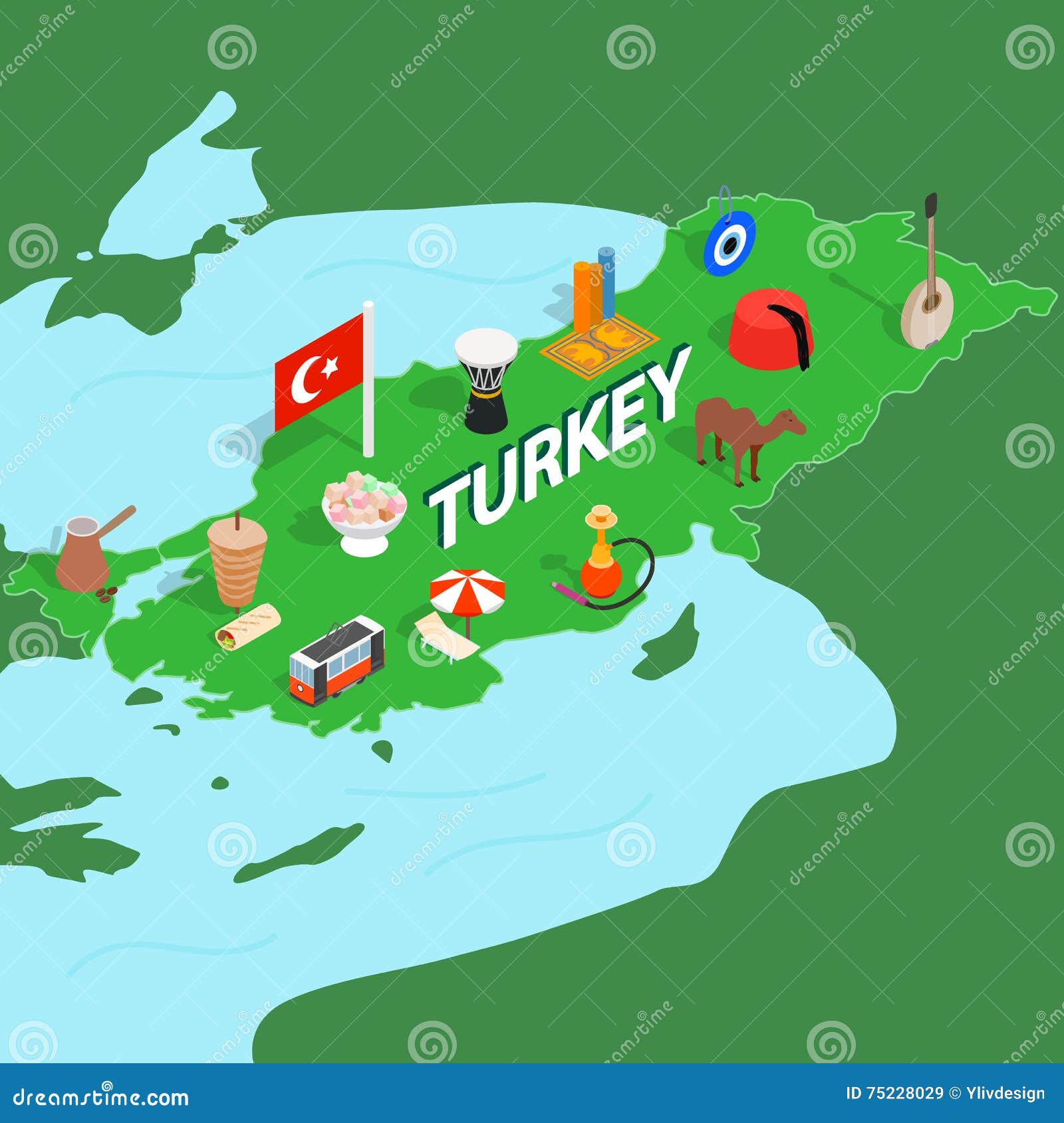 Turkey Map, Isometric 3d Style Stock Vector - Illustration of hookah ...