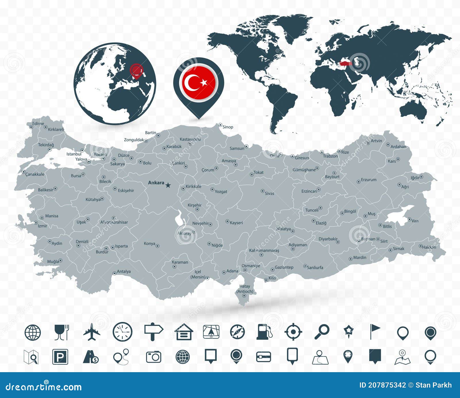 Turkey Map and World Map Isolated on Transparent Background Stock ...