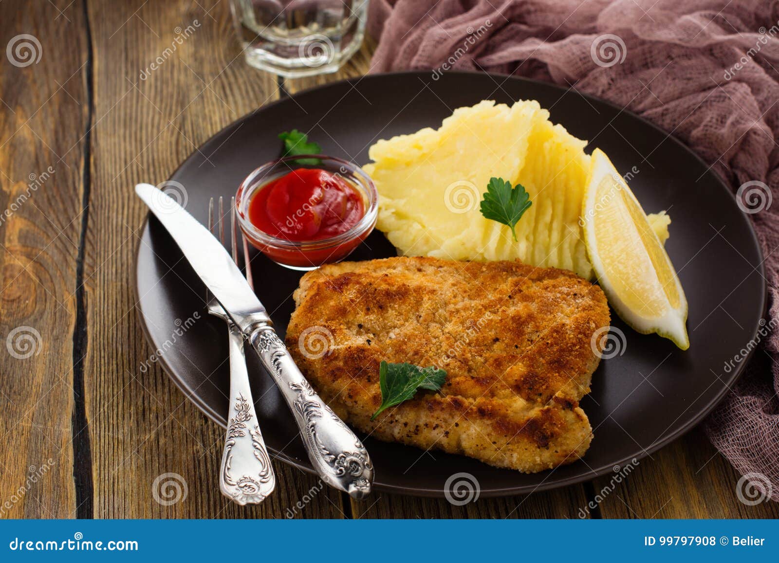 Turkey Schnitzel with Mashed Potatoes Stock Photo - Image of food ...