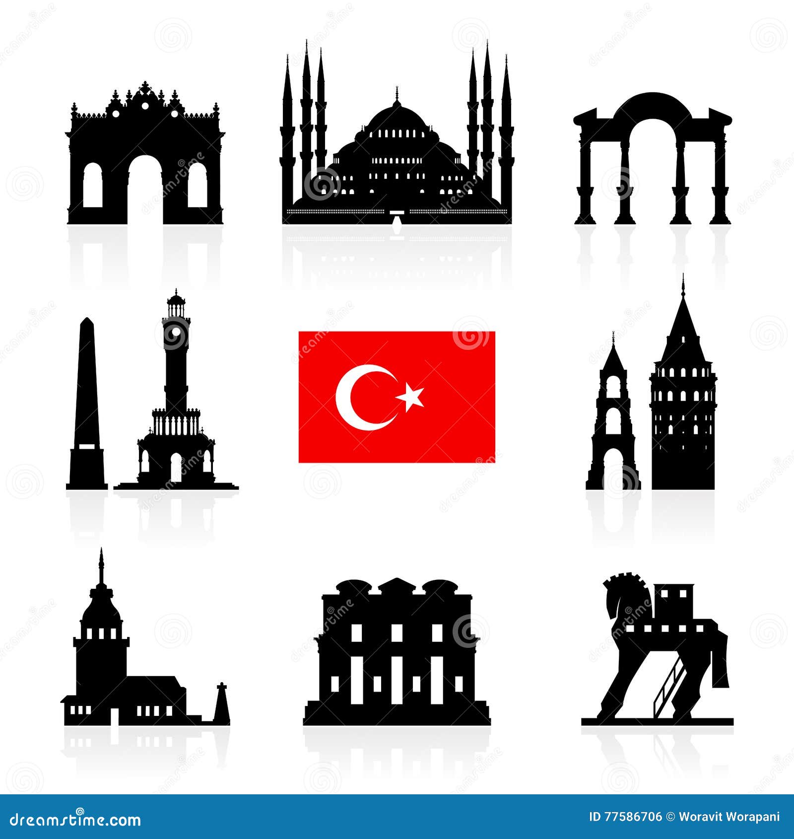 Turkey Travel Landmarks Flag Icon Set. Stock Vector - Illustration of ...