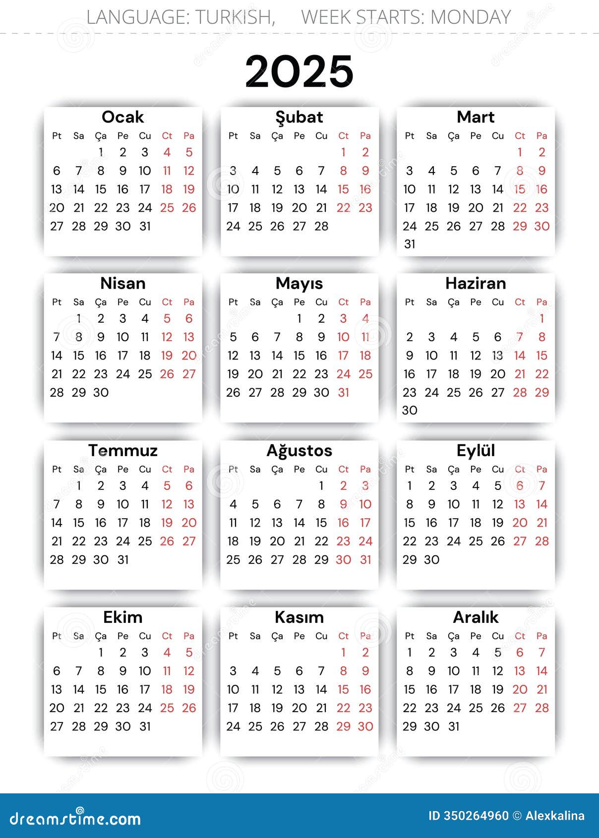 2025 Turkish Calendar - Takvim. Paper Page Collection Of 12 Months In ...