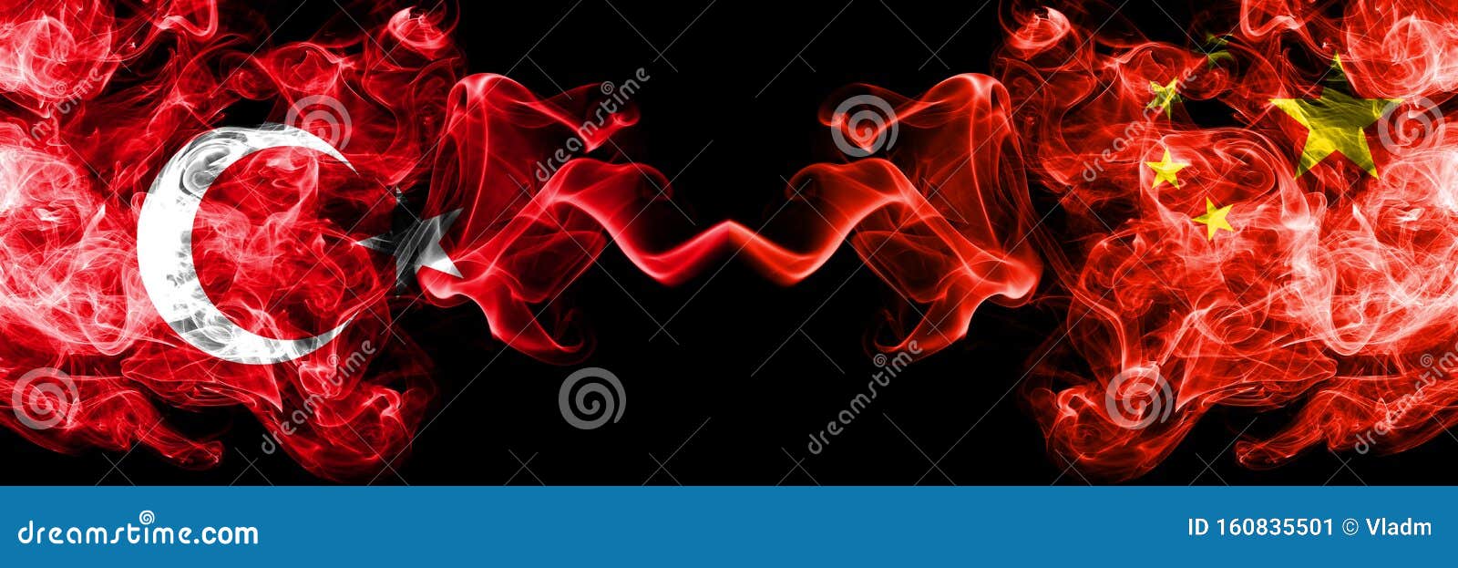 Turkey Vs China, Chinese Smoke Flags Placed Side by Side. Thick Colored ...
