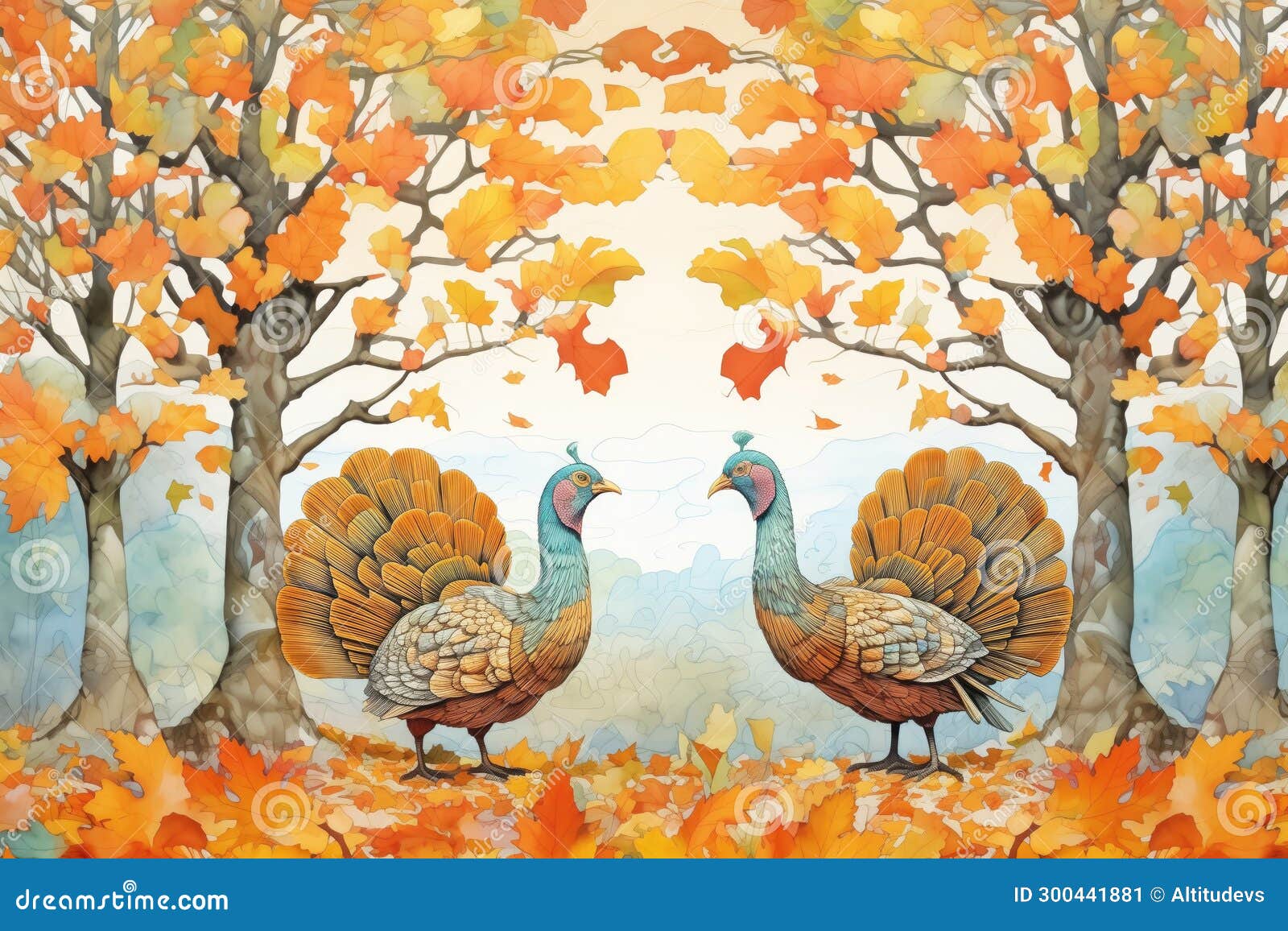 Turkeys Under a Tree Foraging Amongst Autumn Leaves Stock Image - Image ...