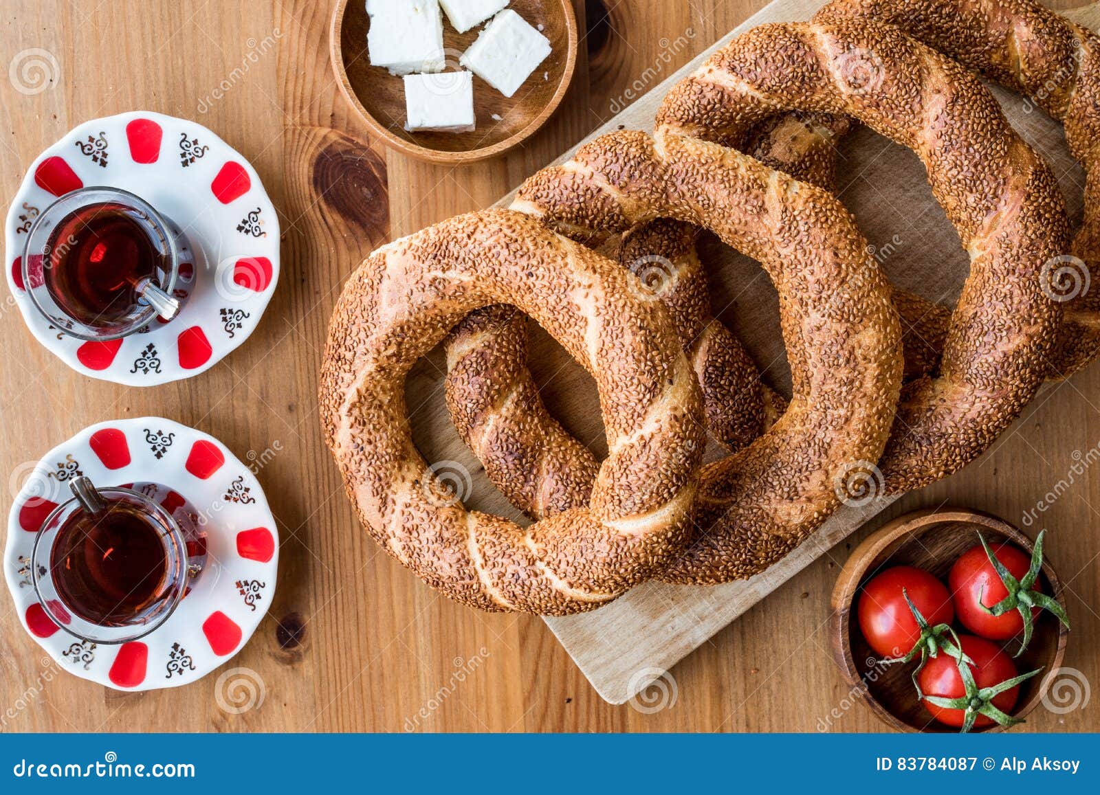 Turkish Bagel Simit with Tea, Cheese and Cherry Tomatoes. Stock Image ...