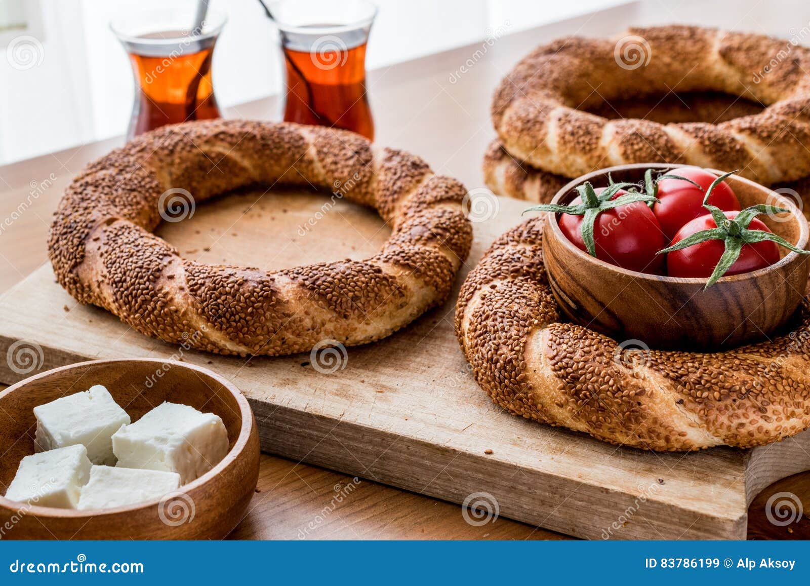 Turkish Bagel Simit with Tea, Cheese and Cherry Tomatoes. Stock Image ...