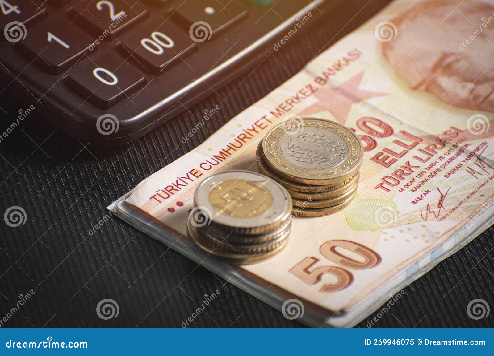Turkish Banknotes and Coins on Table with Calculator Stock Image ...