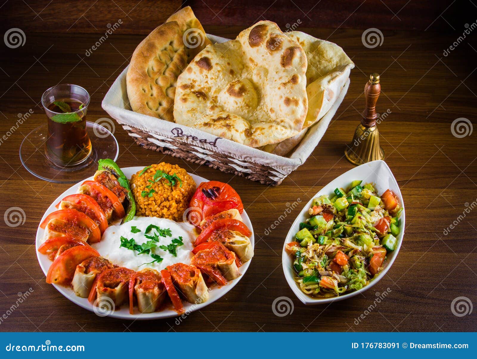 Turkish Beyti Kebab Served With Bulgur Pilaf And Yoghurt. Stock ...