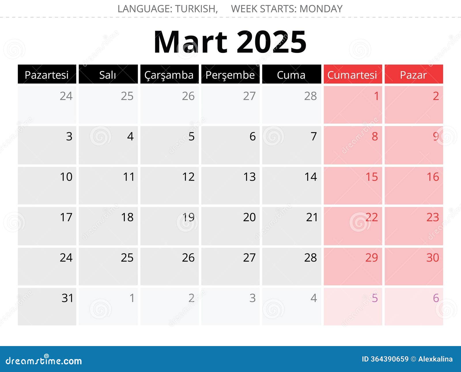 Turkish Calendar For March 2025 - Takvim March. Vector Illustration ...