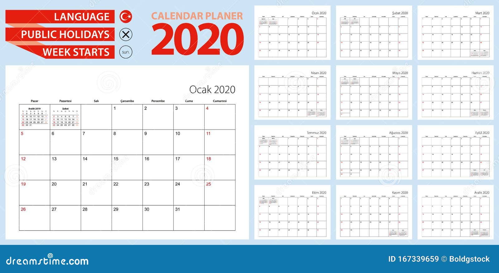 Turkish Calendar Planner for 2020. Turkish Language, Week Starts from ...