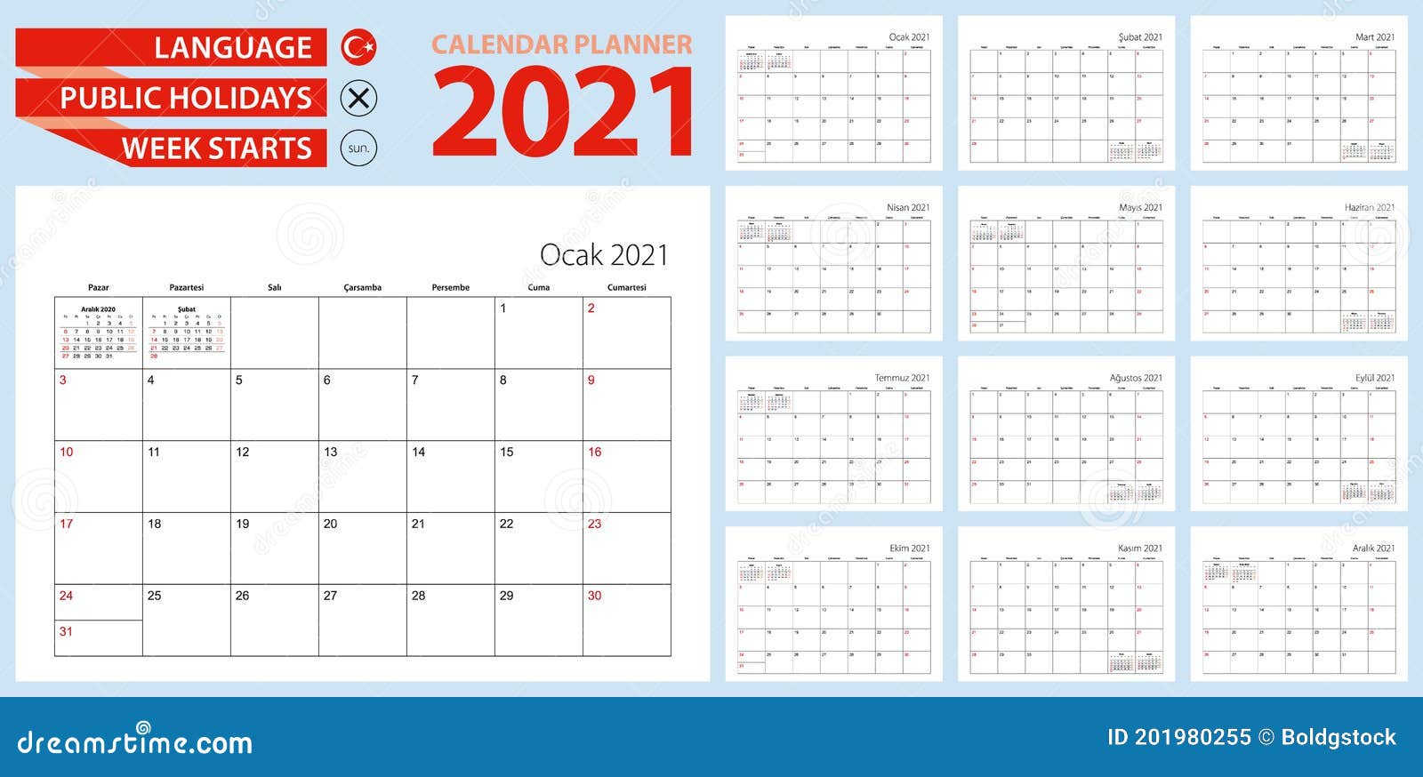 Turkish Calendar Planner for 2021. Turkish Language, Week Starts from ...