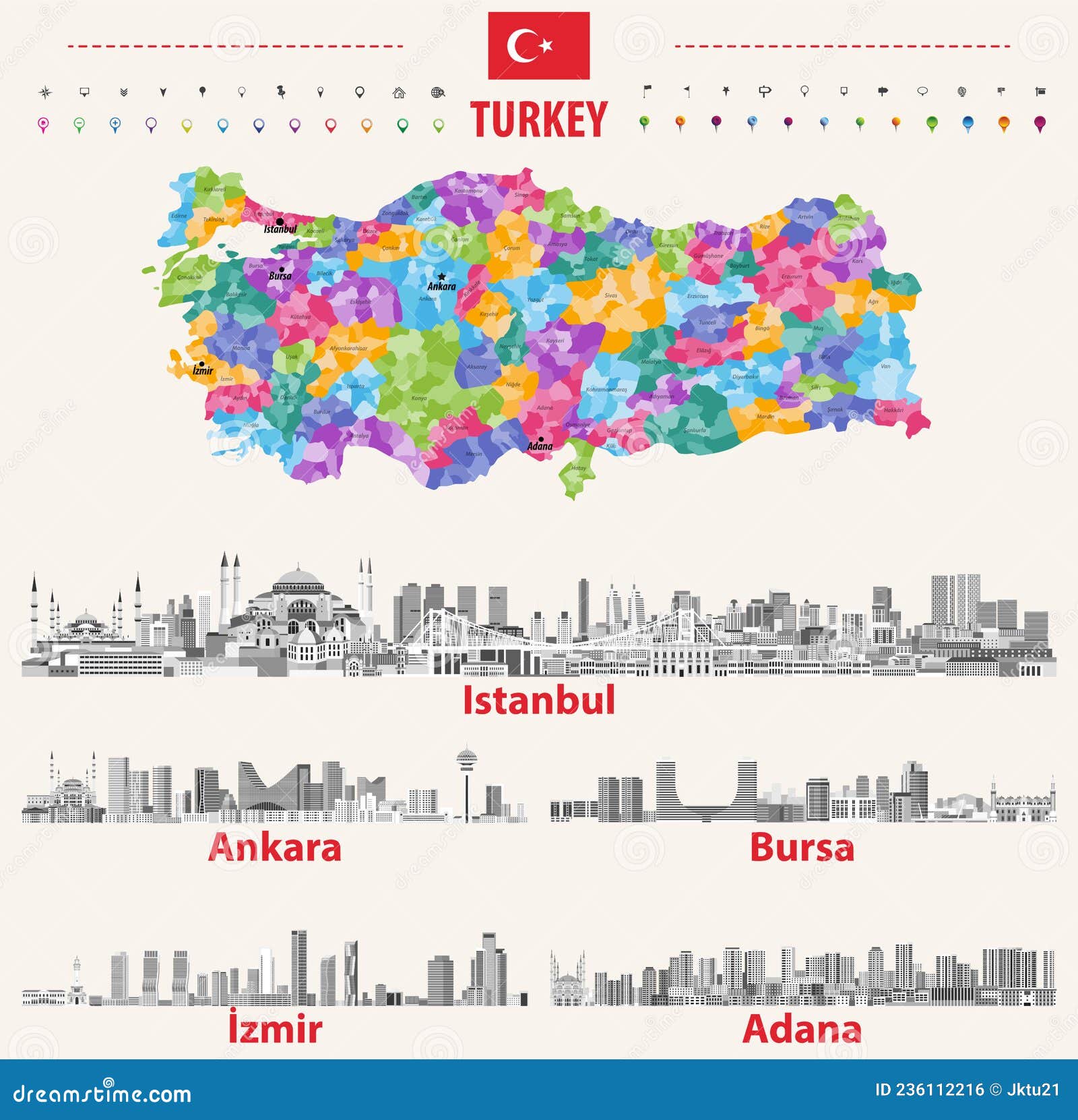 Turkish Skylines in Grayscale Color Palette. Flag and Map of Turkey ...