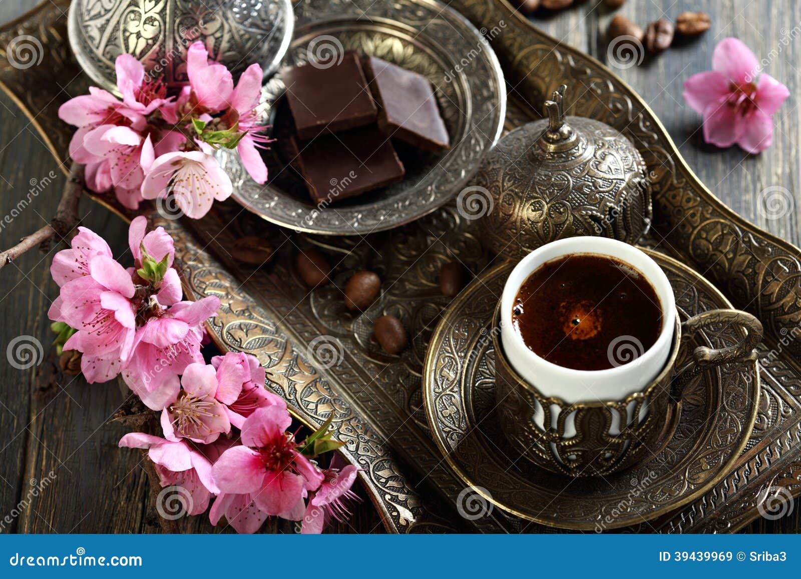 Turkish Coffee, Chocolate and Branch with Pink Flo Stock Image - Image ...