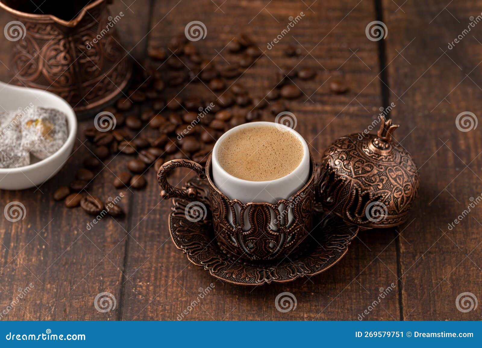 Turkish Coffee in Classic Coffee Cup with Water and Turkish Delight on ...