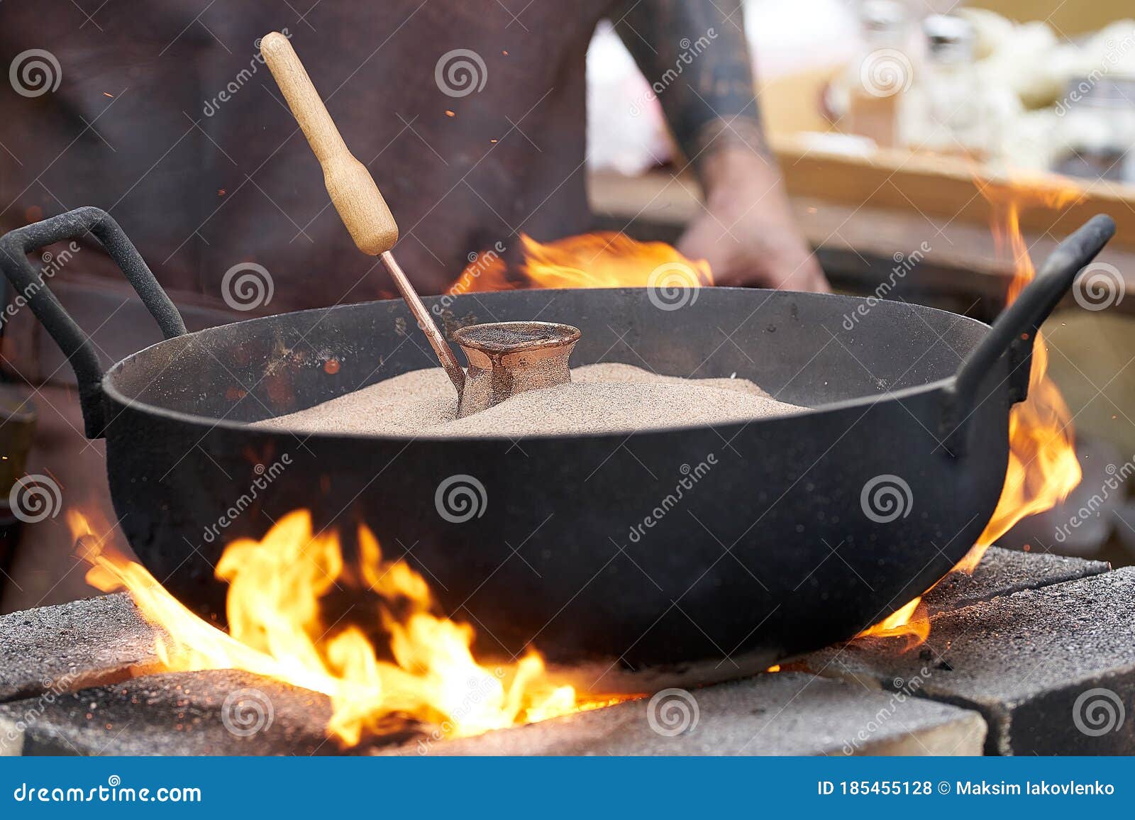 Turkish Coffee Made on Fire. Man Cooking Turkish Coffee Stock Photo ...