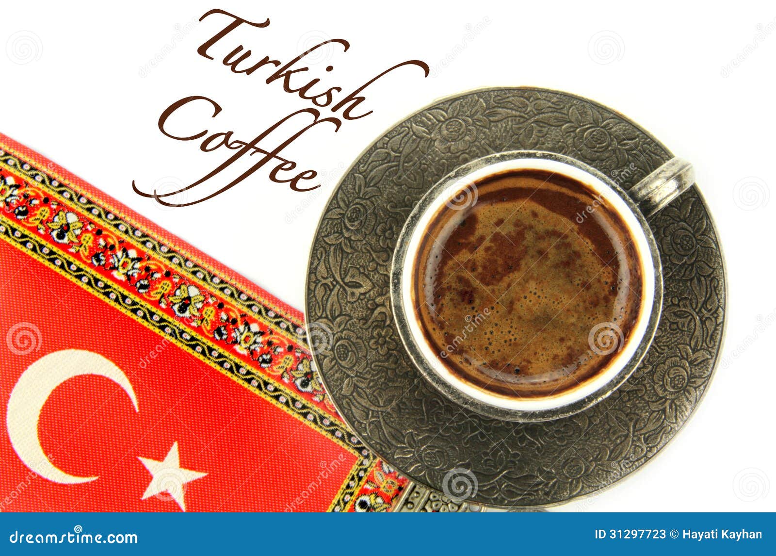 Turkish Coffee with Traditional Embossed Metal Cup and Text Stock Image ...