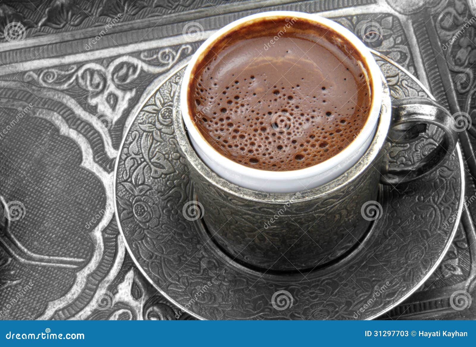 Turkish Coffee with Traditional Embossed Metal Cup and Tray Stock Image ...