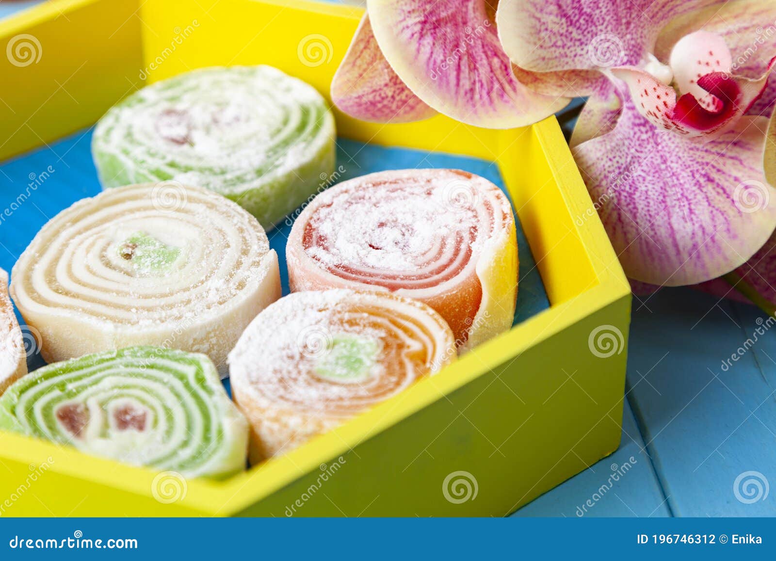 Turkish Delight on a Blue Table Stock Photo - Image of candy ...