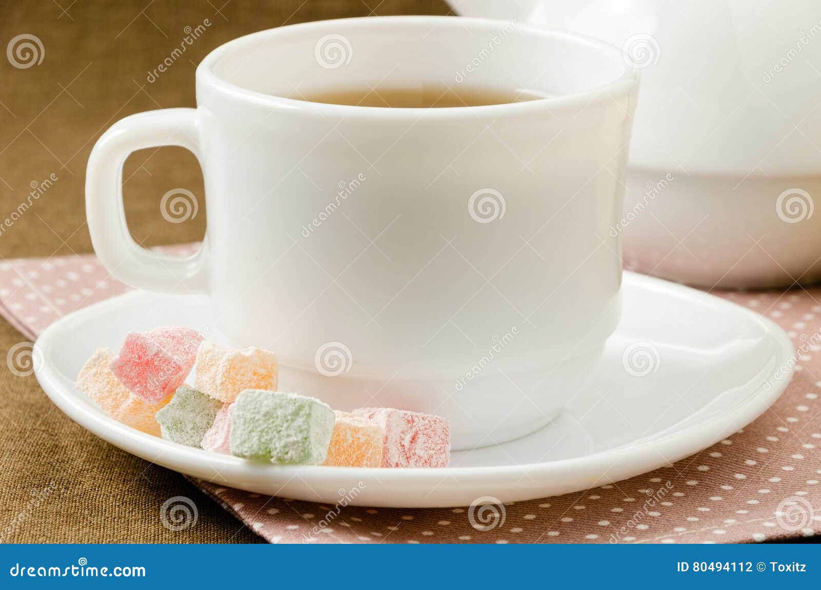 Turkish Delight with Tea on a Saucer Stock Photo - Image of color ...
