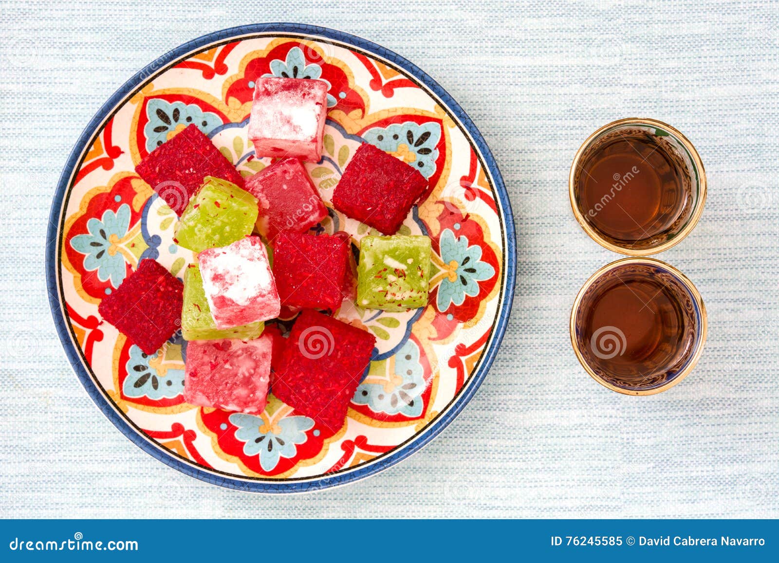 Turkish Delights and Tea on Blue Background Stock Image - Image of ...