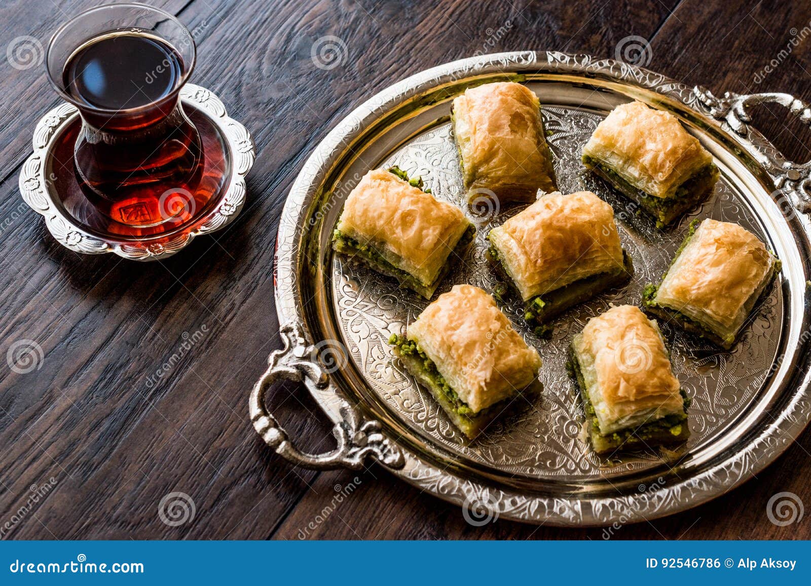 Turkish Dessert Baklava with Tea on Silver Tray. Stock Photo - Image of ...