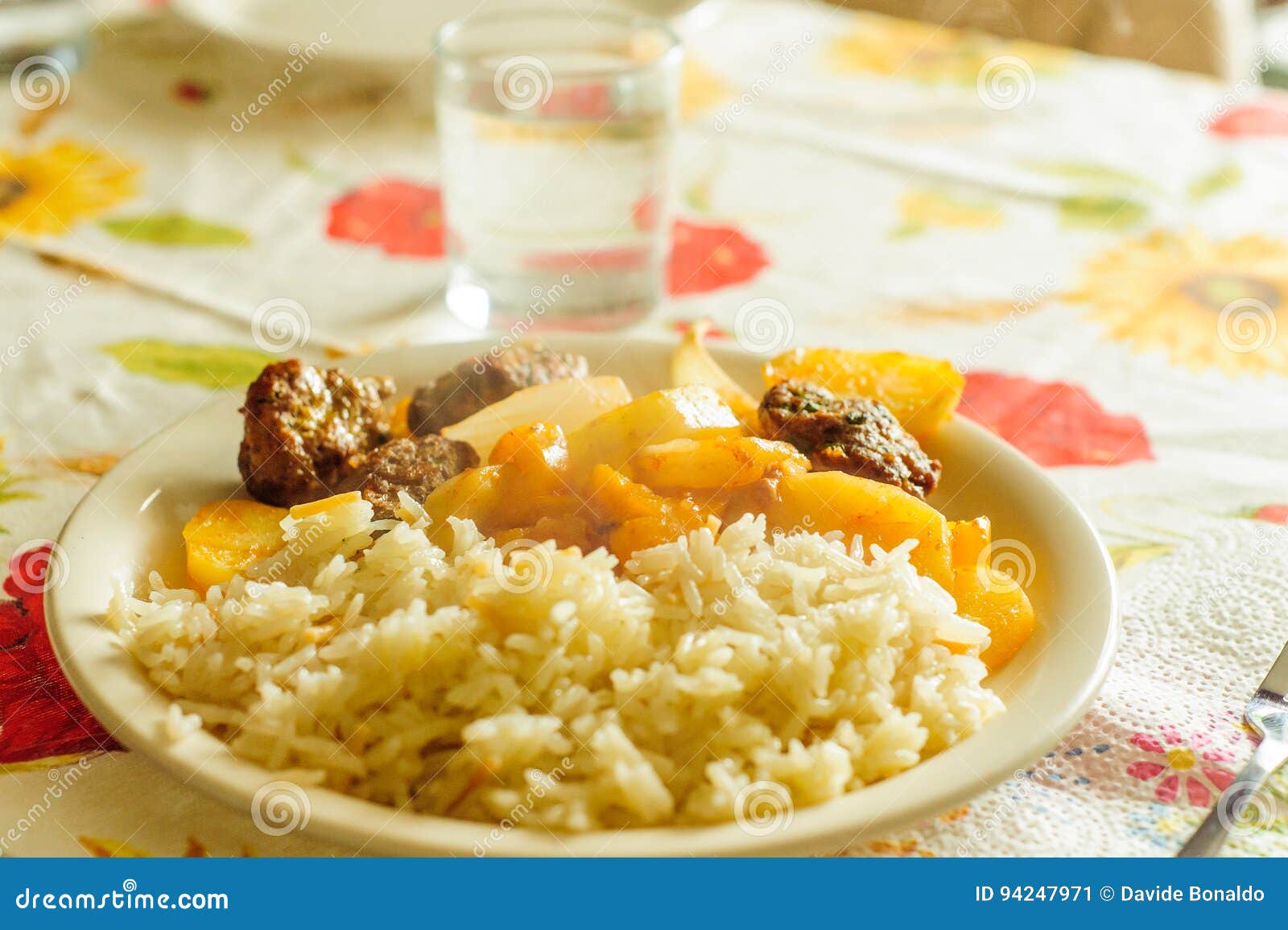Turkish Dish with White Rice Potatoes and Meat Stock Image - Image of ...