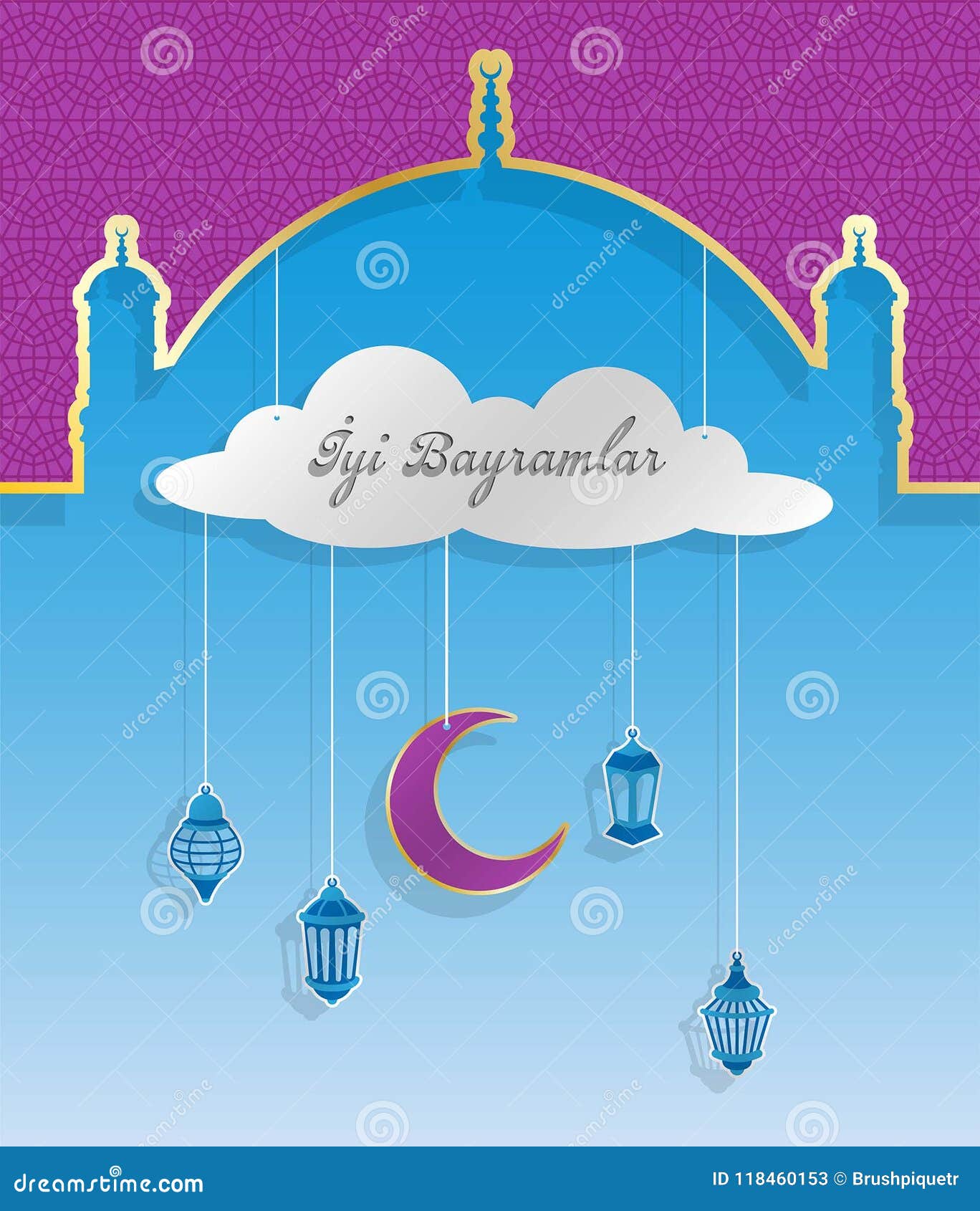 Turkish Eid Greeting Card with Dome and Ramadan Lanterns Stock Vector ...