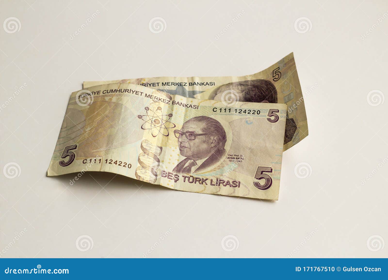 Turkish Five Lira Banknotes Front and Back Side on White Background ...