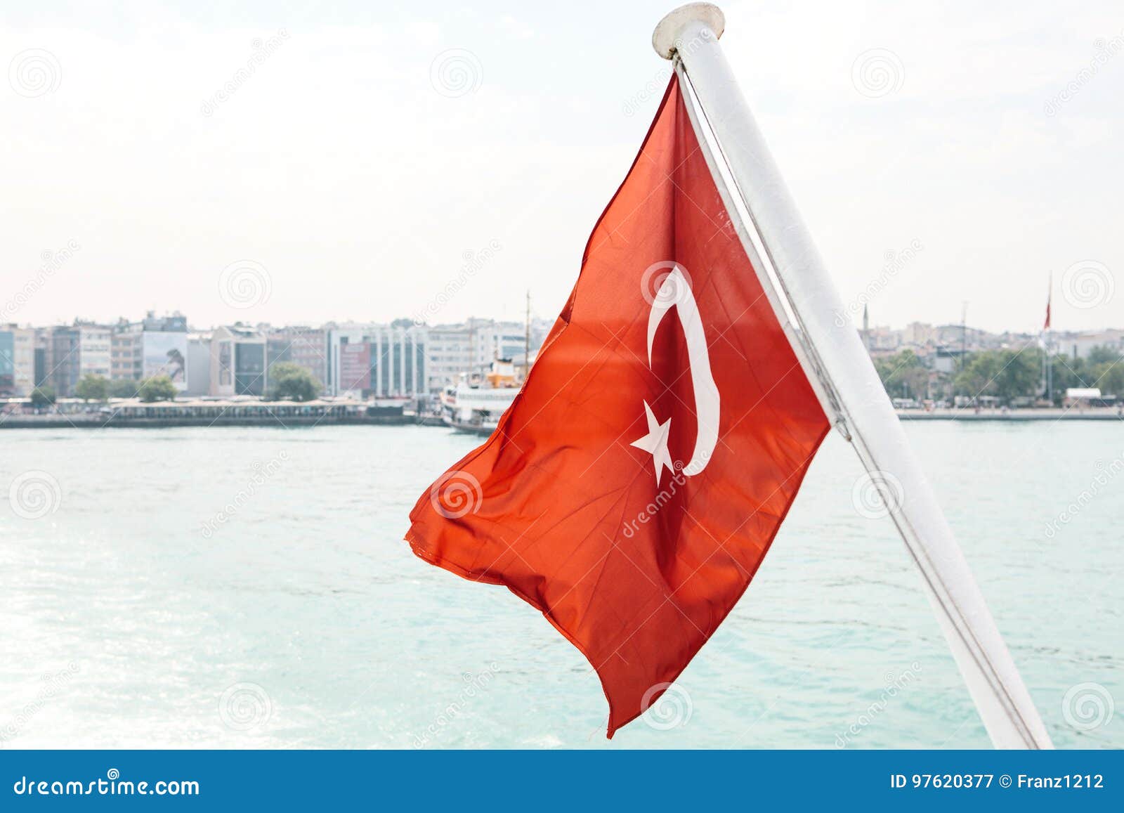 Turkish Flag on the Border. in the Background is Istanbul. the Symbol ...