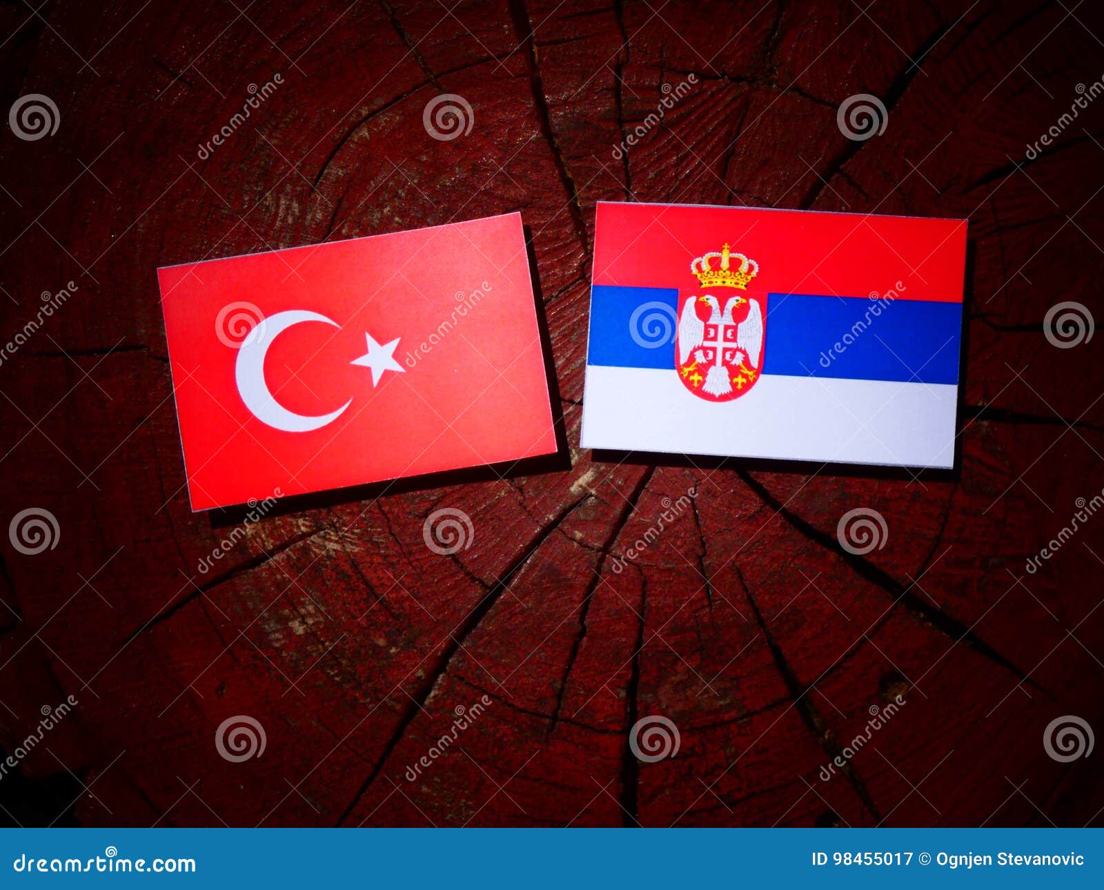 Turkish Flag with Serbian Flag on a Tree Stump Isolated Stock Image ...
