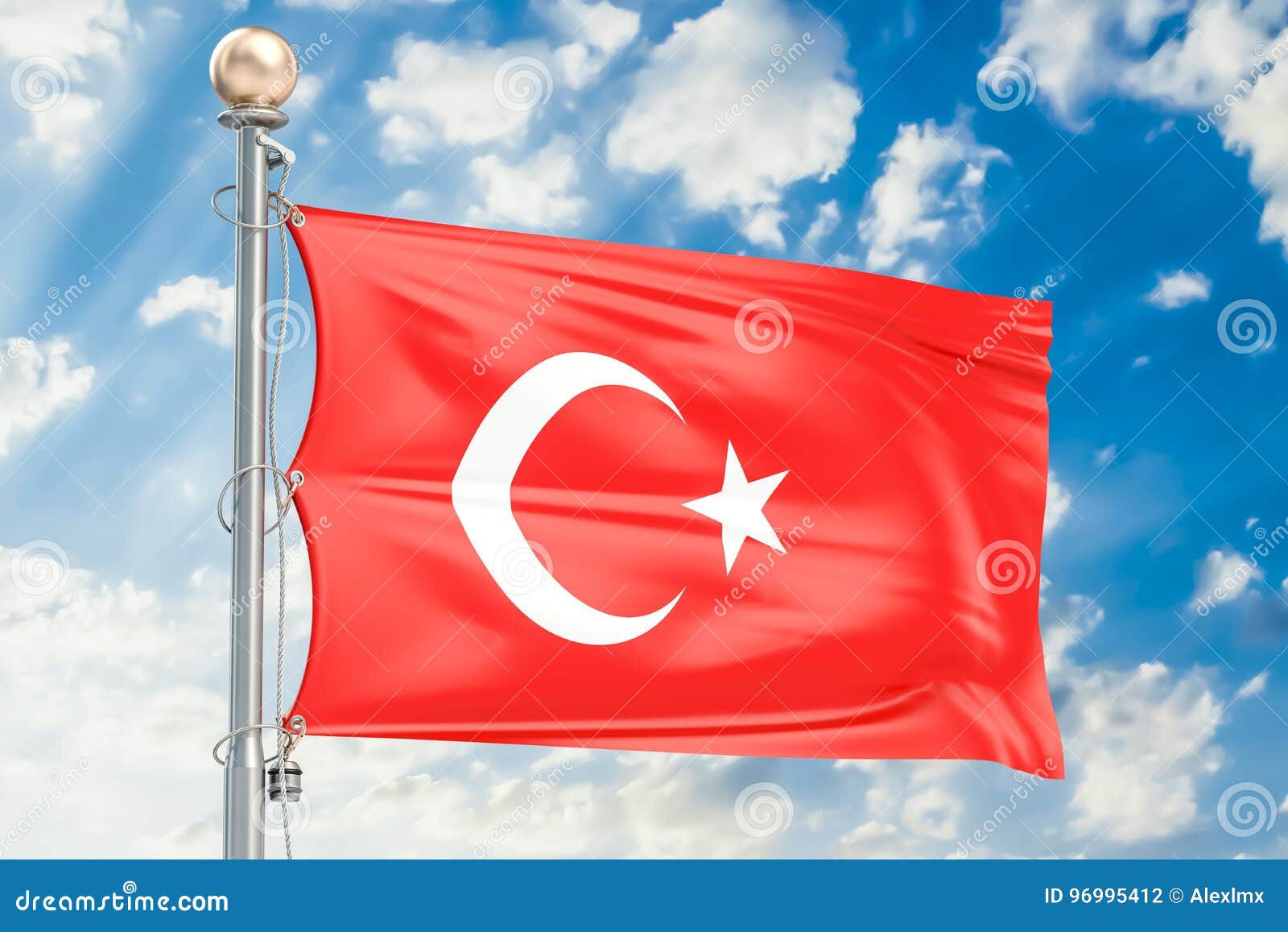 Turkish Flag Waving in Blue Cloudy Sky, 3D Rendering Stock Illustration ...