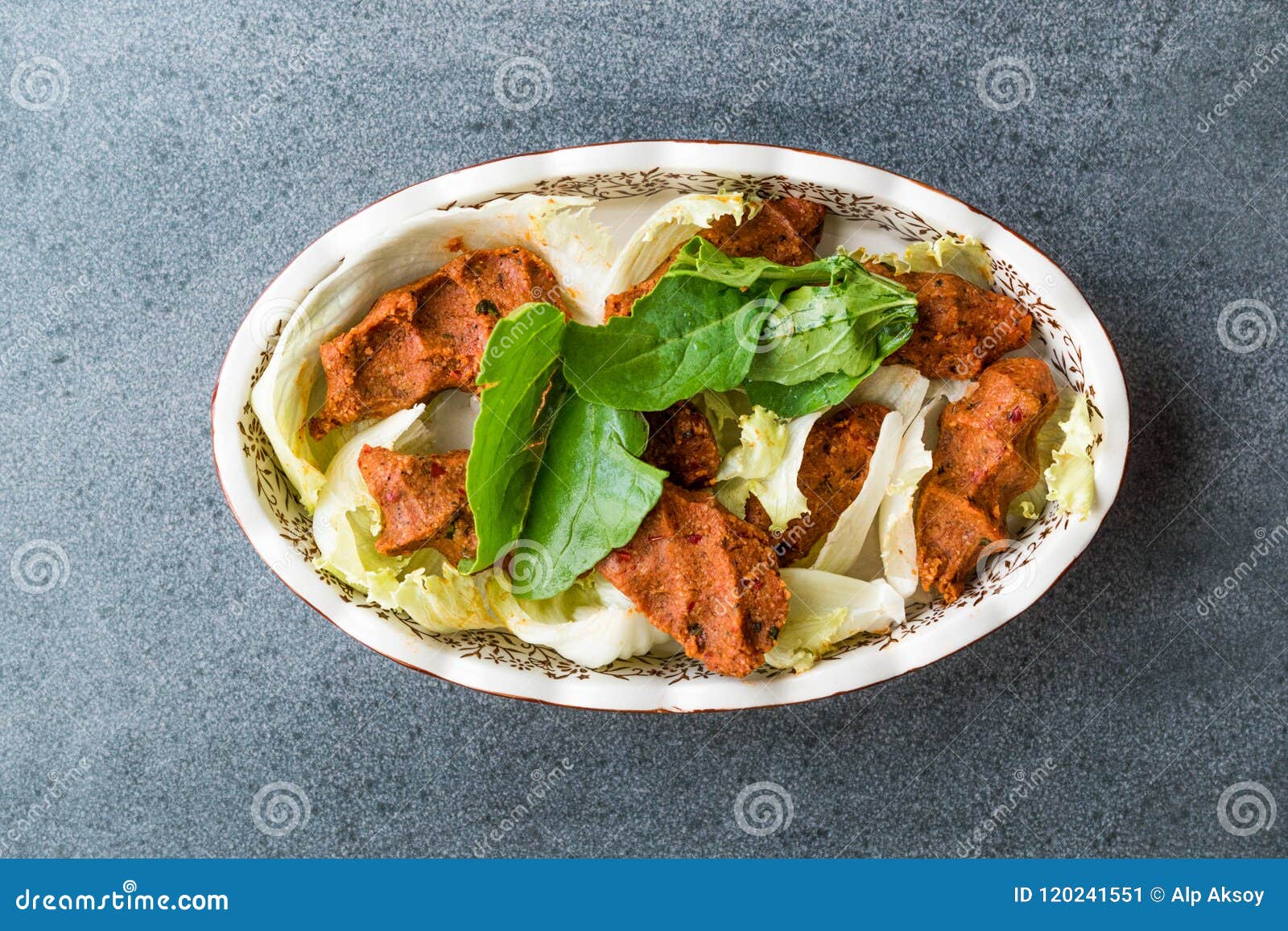 Turkish Food Cig Kofte With Lettuce And Rocket Leaves Or Arugula Stock Image Image Of Salad