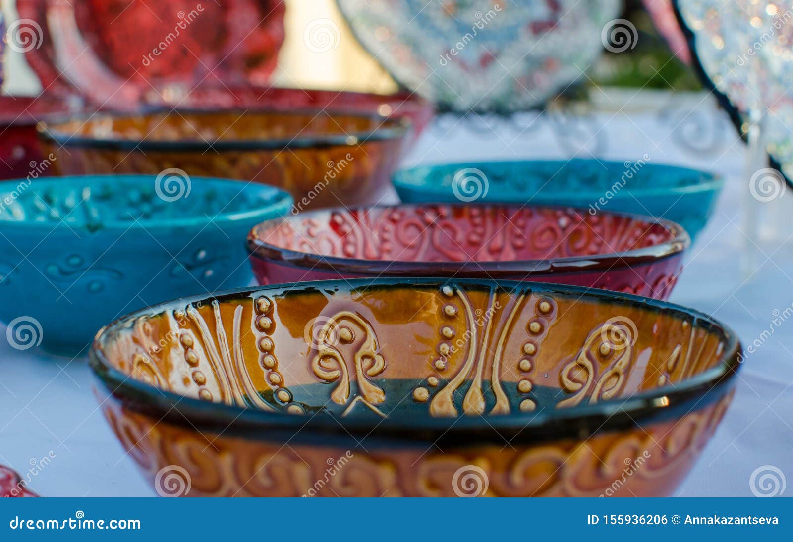 Turkish Handmade Colourful Ceramic Plates and Bowls. Close Up Stock ...
