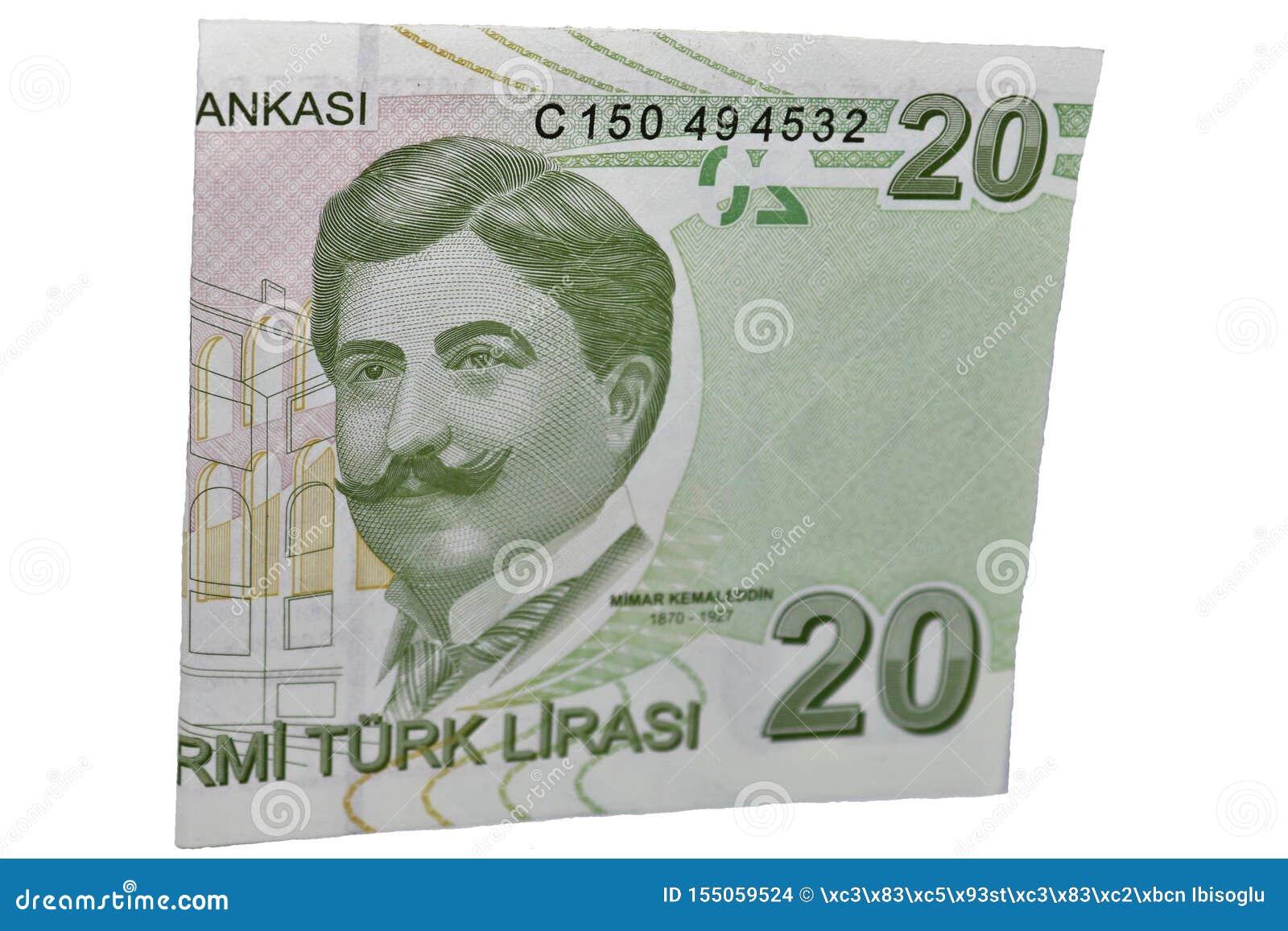Turkish 20 Lira Banknote on White. Stock Photo - Image of banknote ...