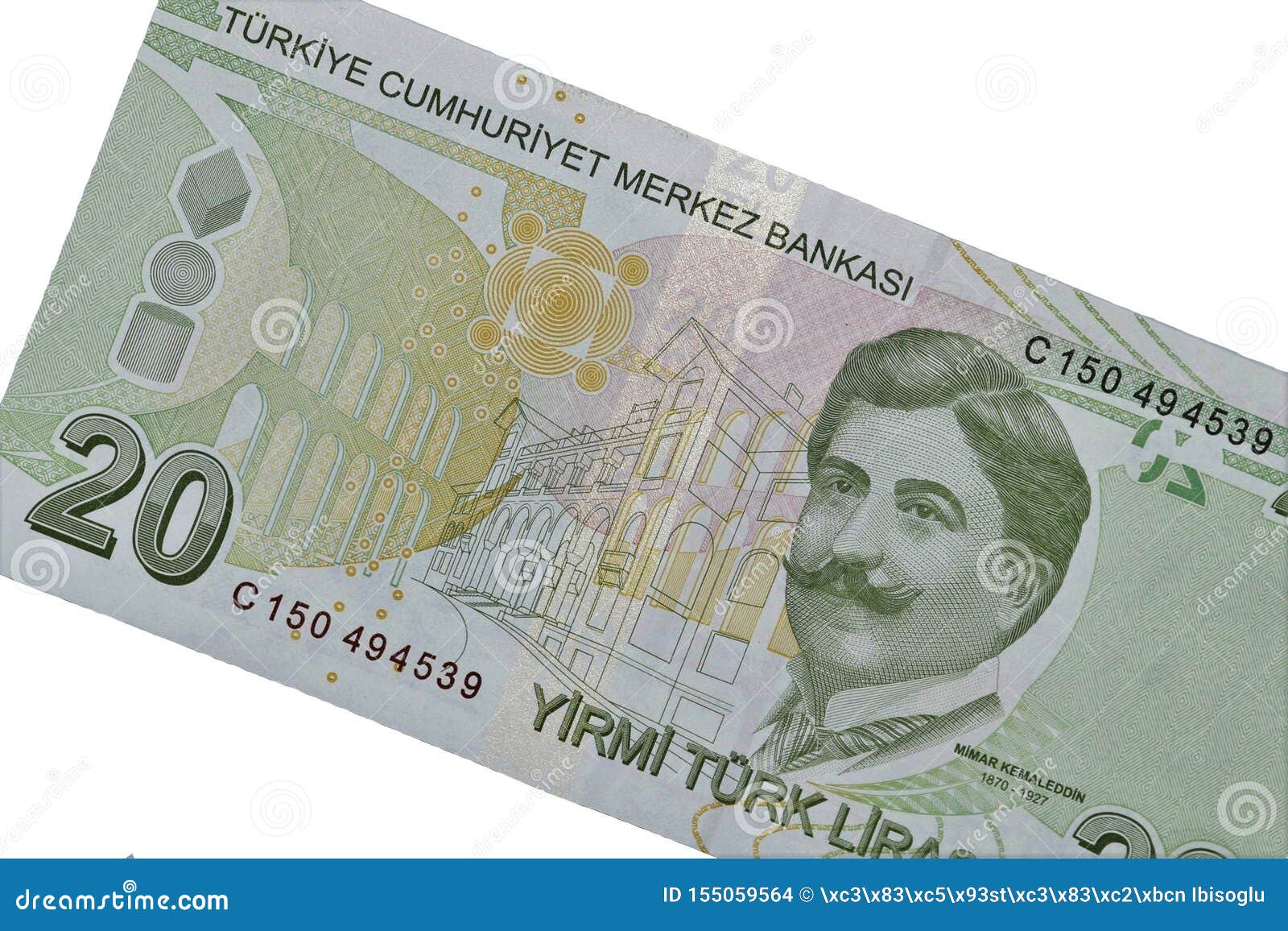 Turkish 20 Lira Banknote on White. Stock Photo - Image of economic ...