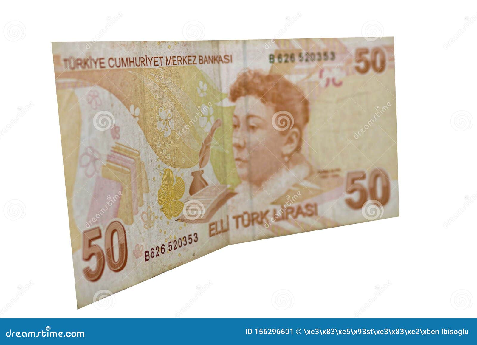 Turkish 50 Lira Banknote on White. Stock Image - Image of ataturk ...