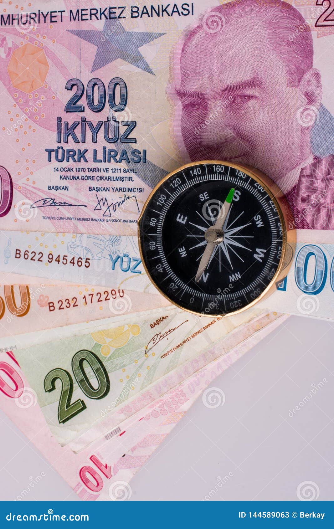 Turkish Lira Banknotes by the Side of a Compass Stock Image - Image of ...