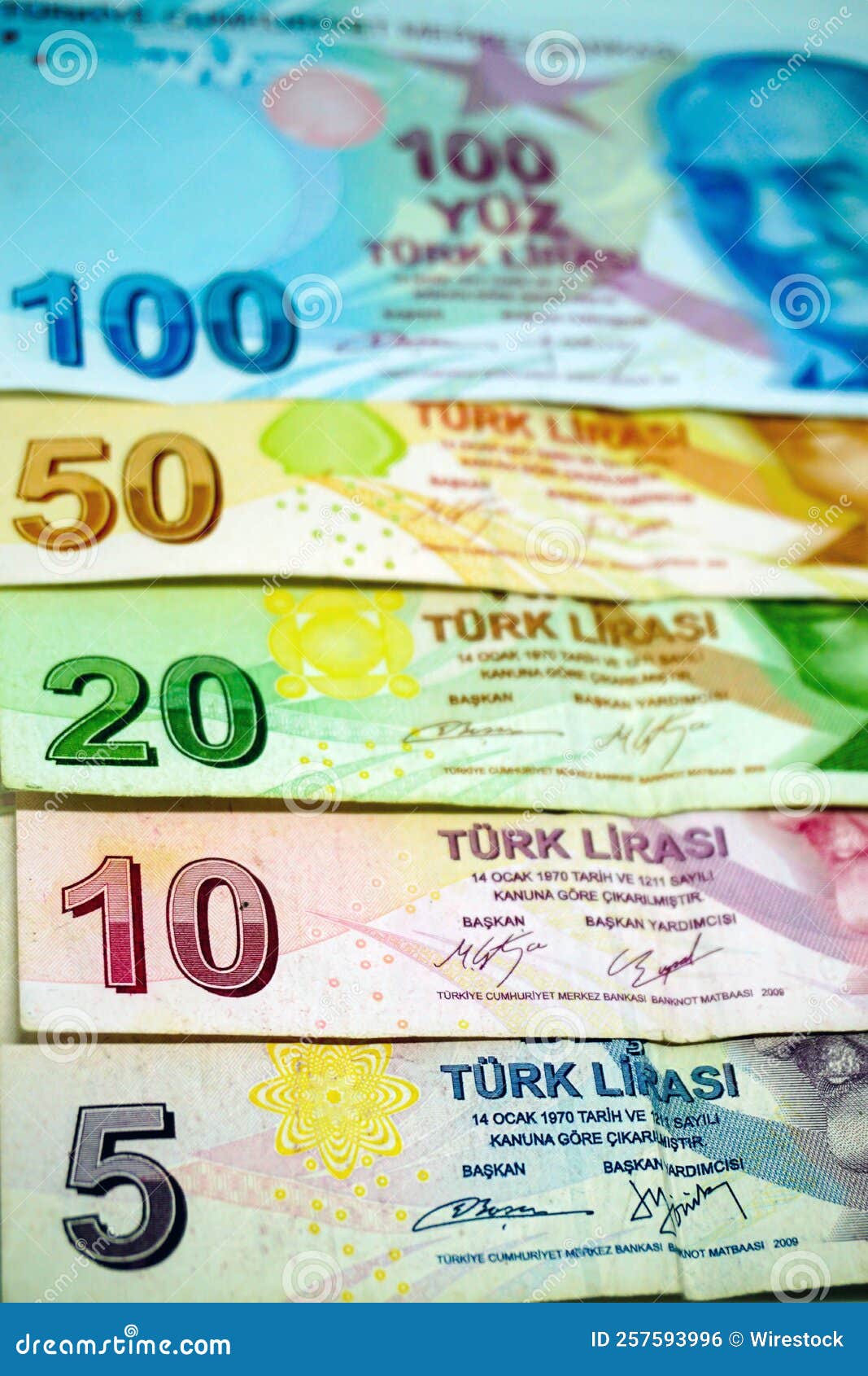 10, 20, 50, and 100 Turkish Lira Banknotes, Vertical Stock Photo ...