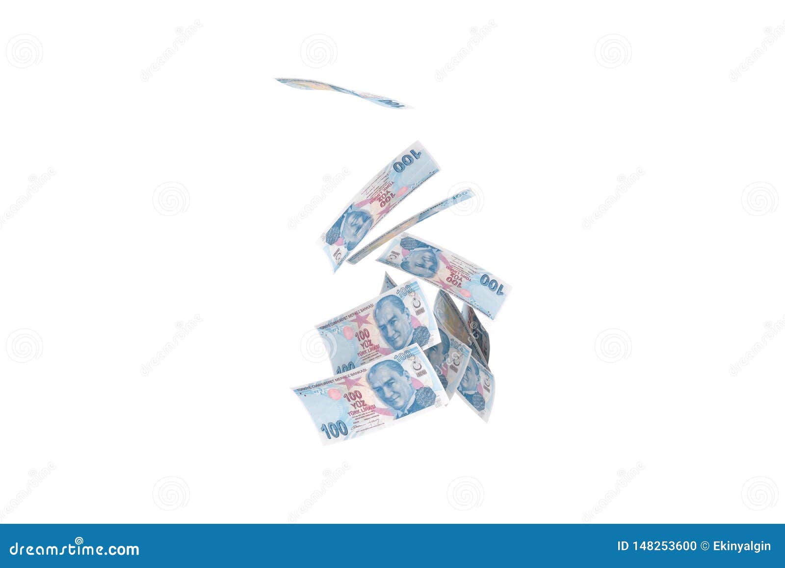 Turkish Liras Banknotes Falling and Flying Around on White Stock ...