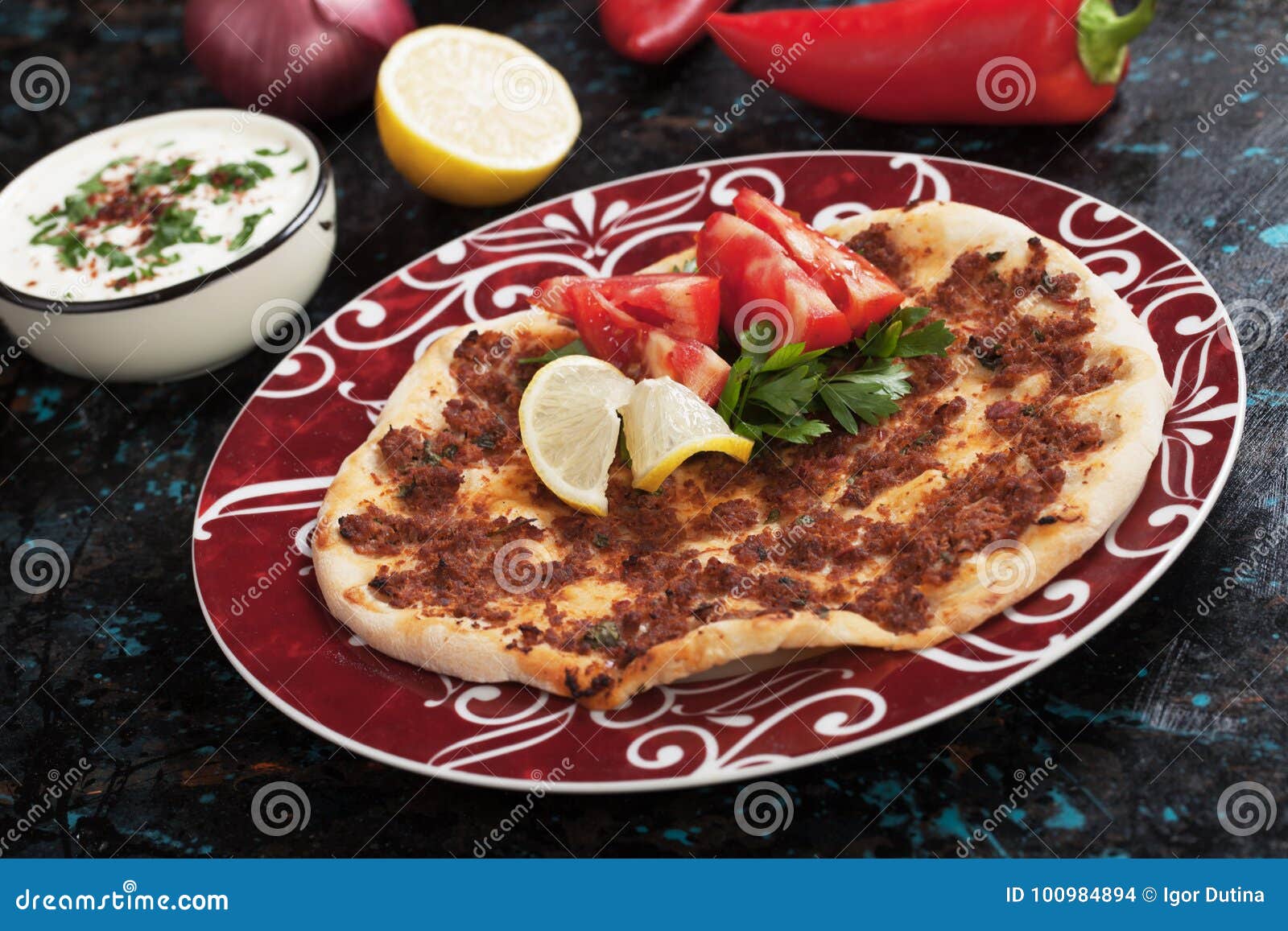 Turkish Meat Iskender Kebab Topped With Creamy Sauce Yogurt, Tomato And ...