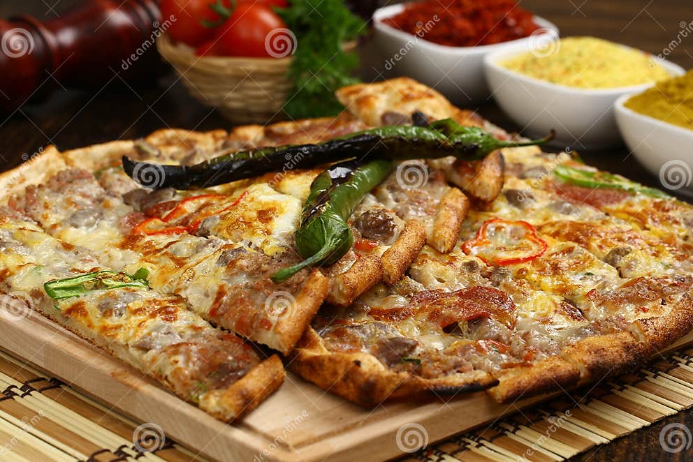 Turkish Mixed pide stock image. Image of dining, baked - 96371847