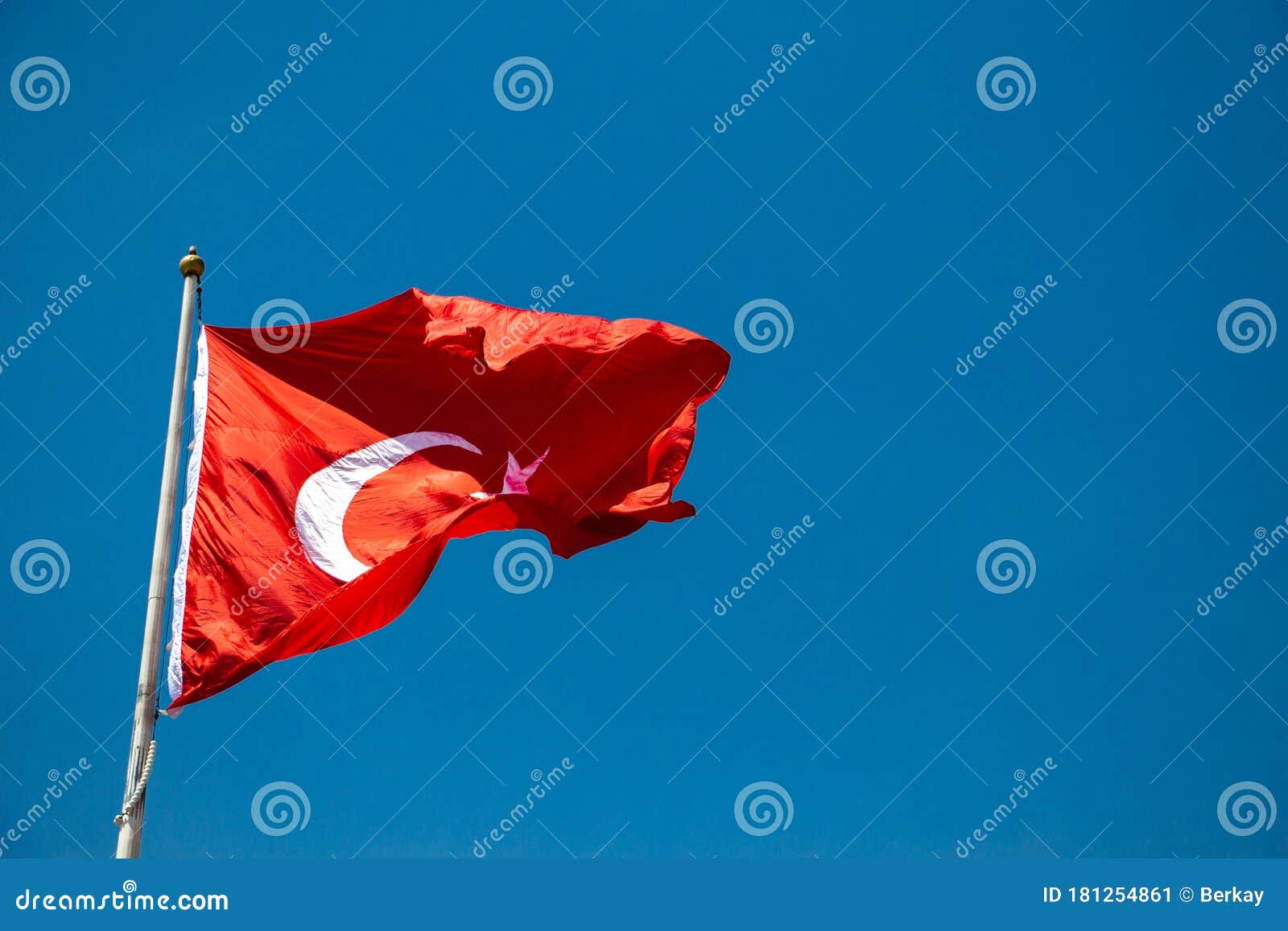 Turkish National Flag with White Star and Moon in Sky Stock Image ...