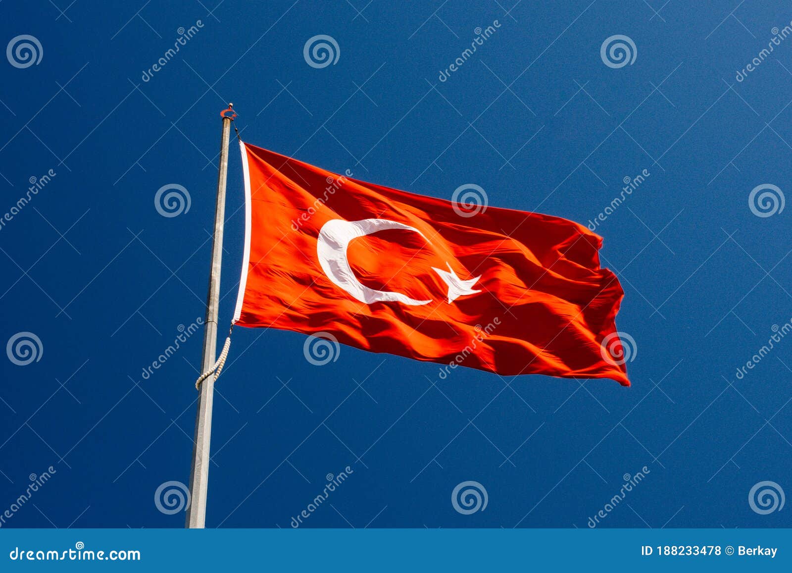 Turkish National Flag with White Star and Moon in Sky Stock Photo ...
