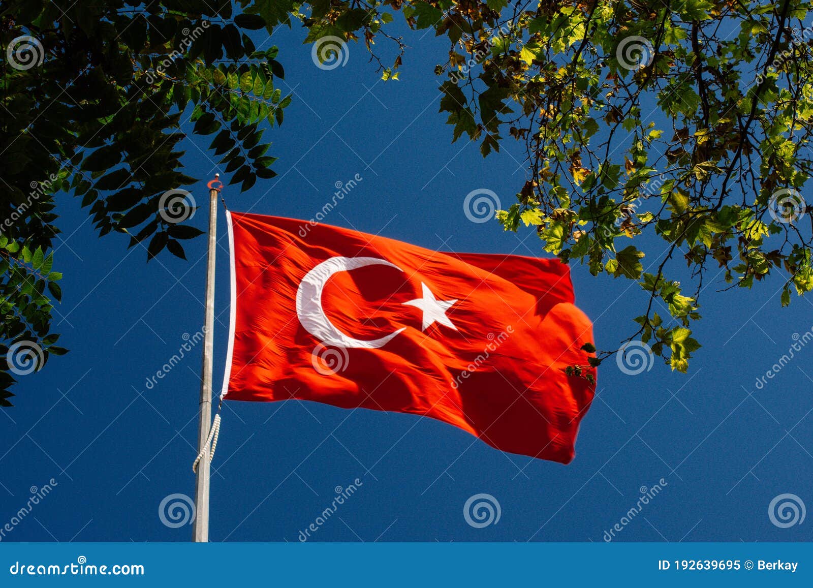 Turkish National Flag with White Star and Moon in Sky Stock Image ...