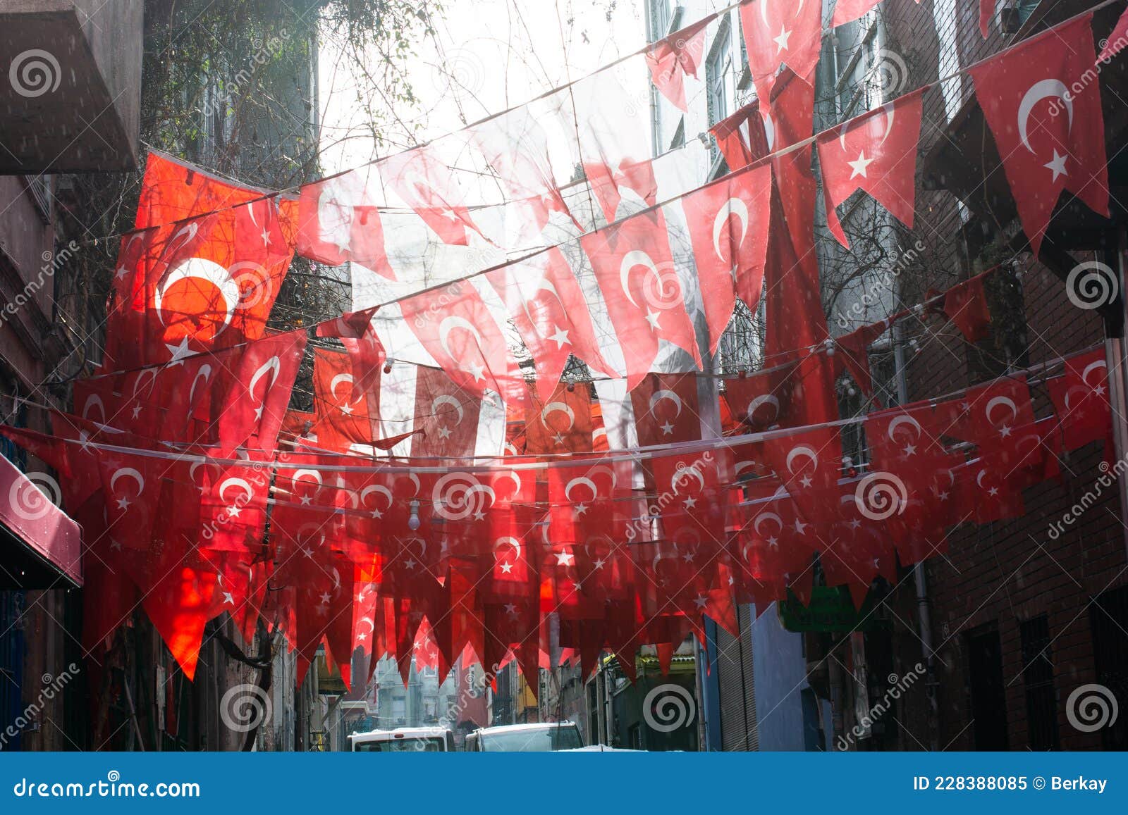 Turkish National Flags on String in View Stock Image - Image of moon ...