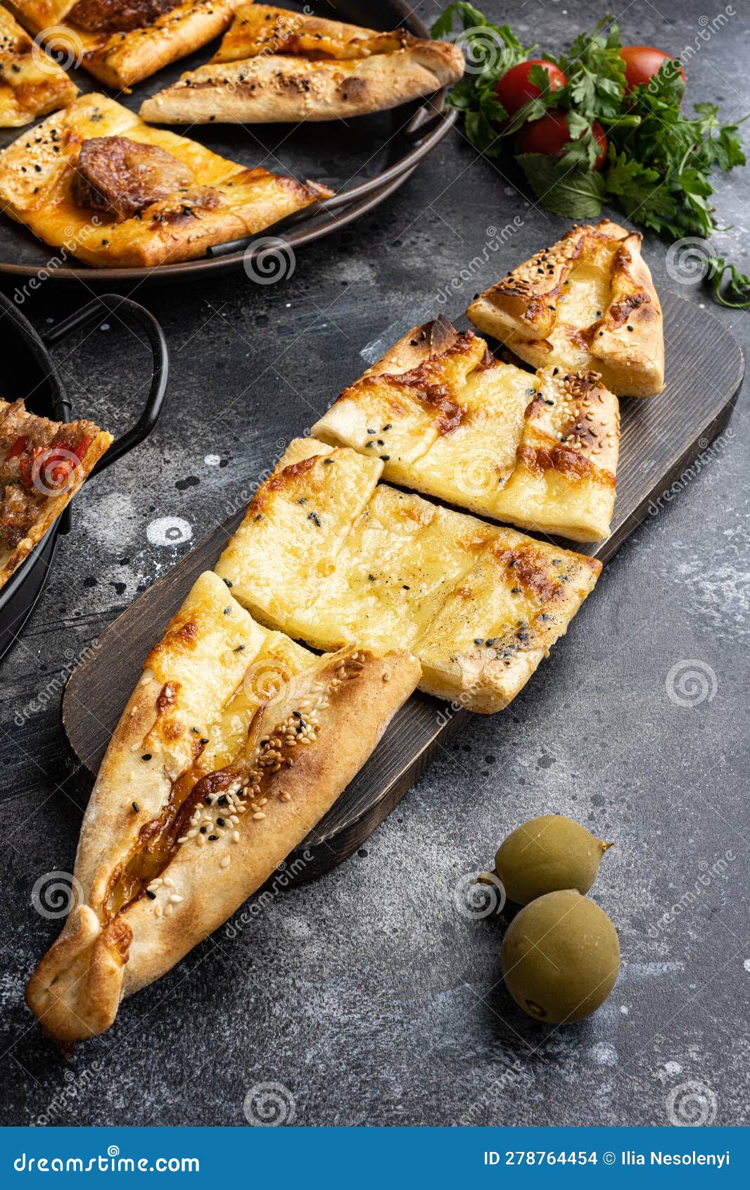 Turkish Pide with Cheese, on Black Dark Stone Table Background Stock ...