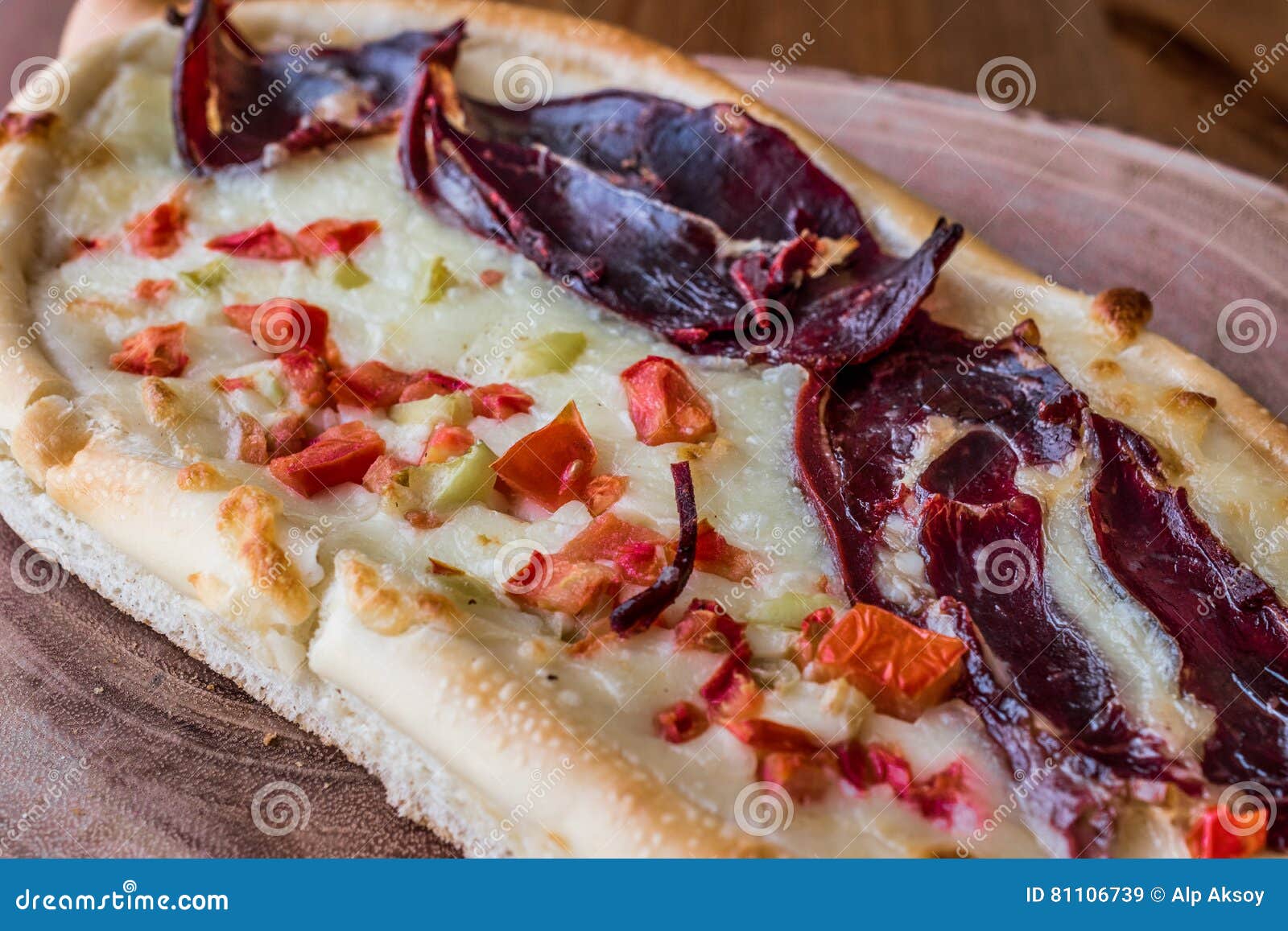 Turkish Pide with Pastirma , Tomato and Melted Cheese. Stock Image ...